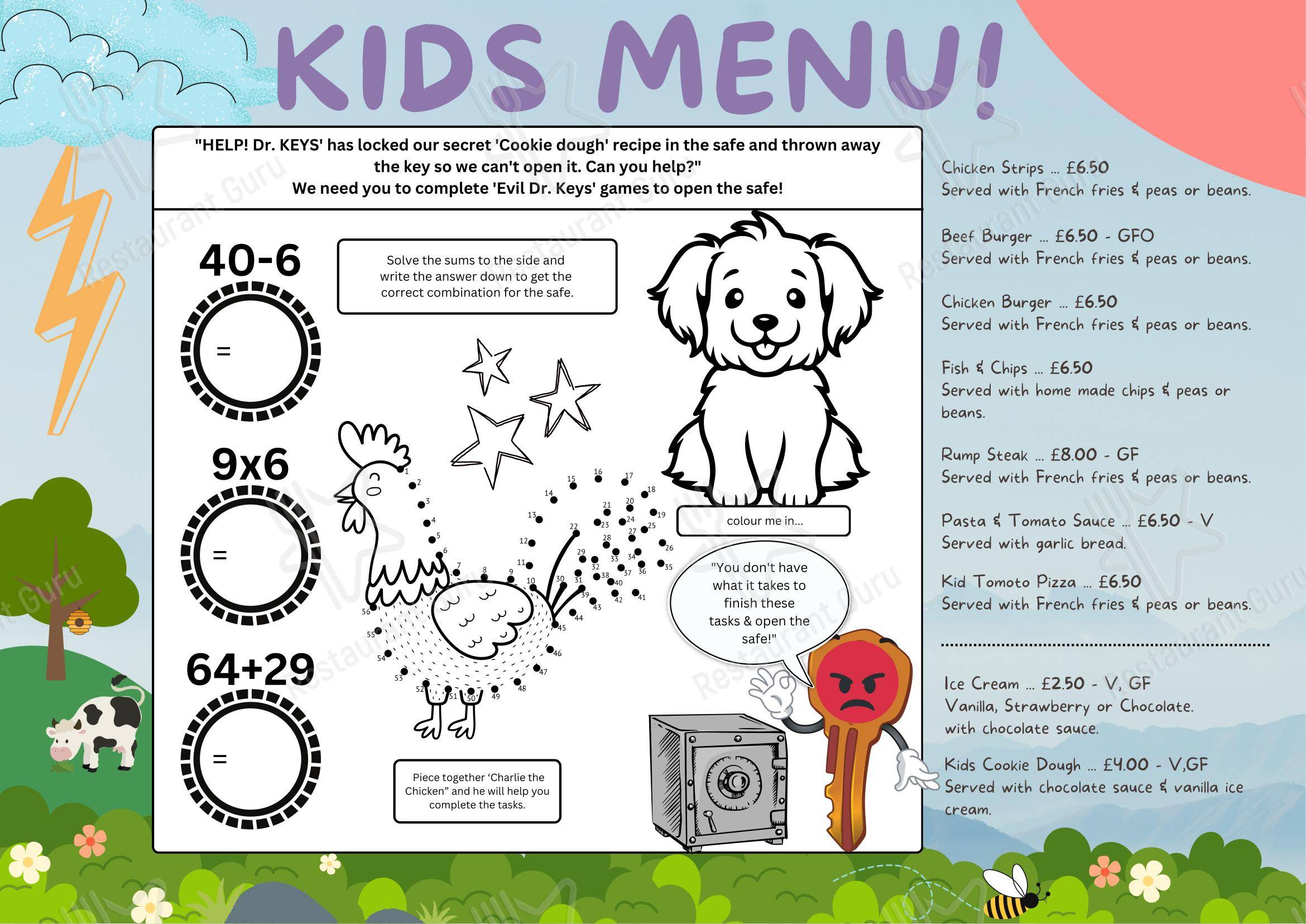 Menu at The Keys restaurant, Barnsley, Sheffield Rd