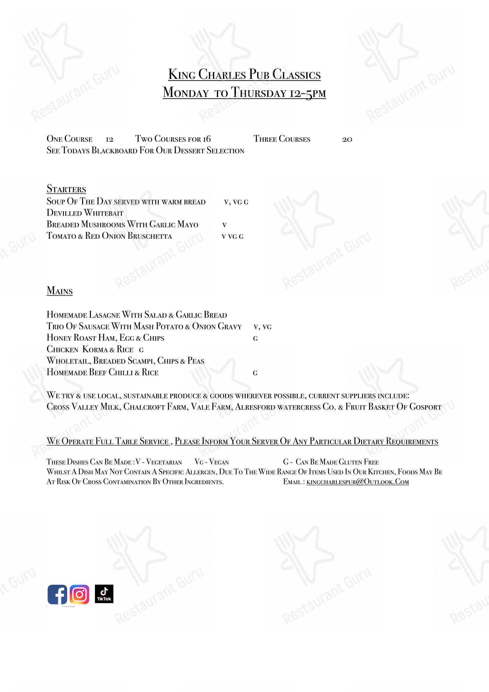 Menu at The King Charles pub & bar, Kings Worthy