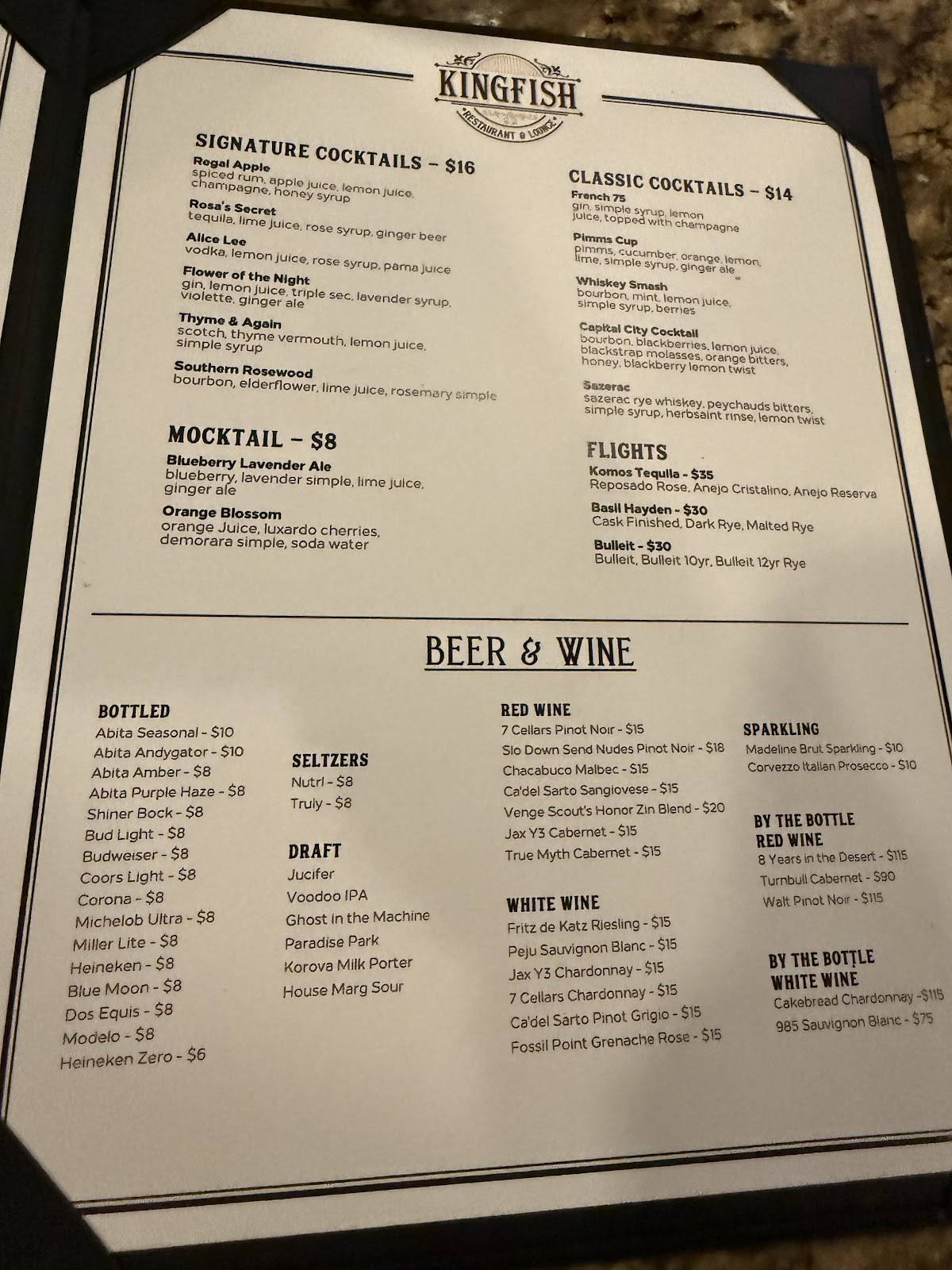 Menu at The Kingfish Grill pub & bar, Baton Rouge