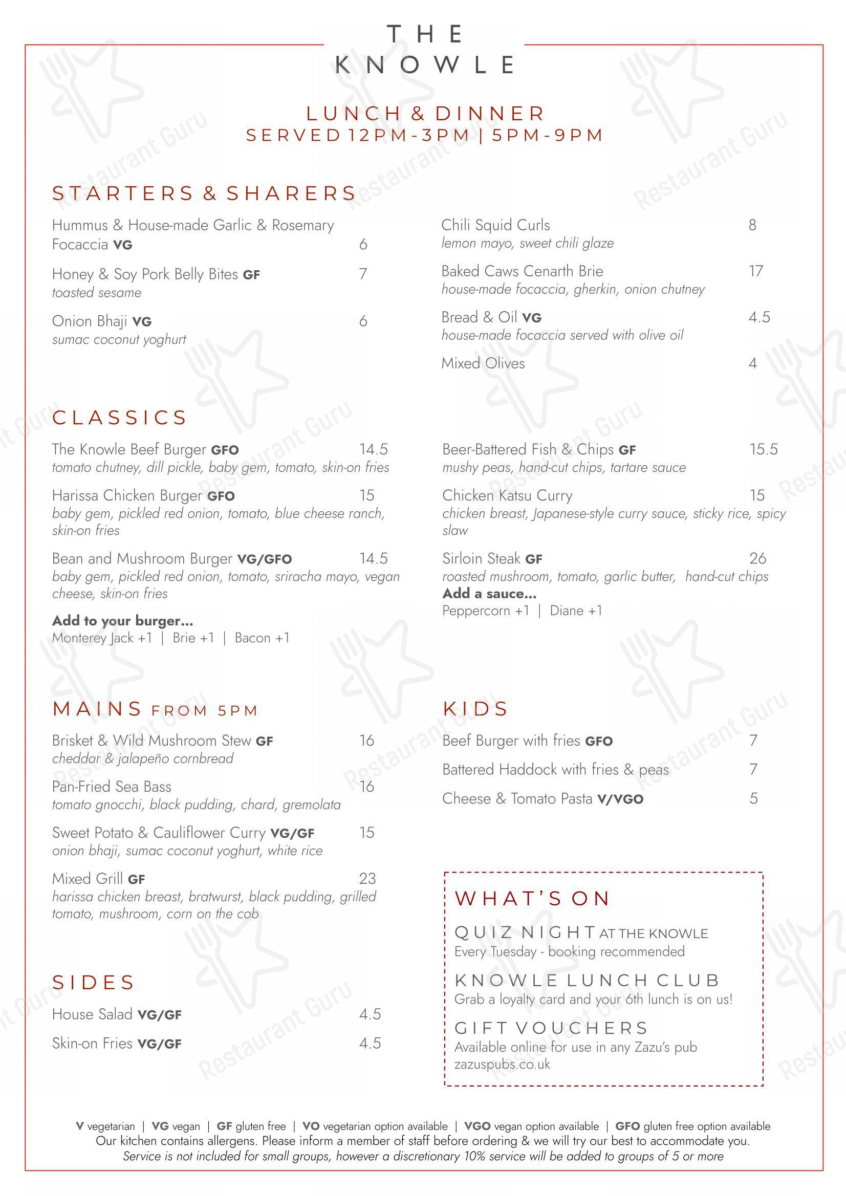 Menu at The Knowle pub & bar, Bristol