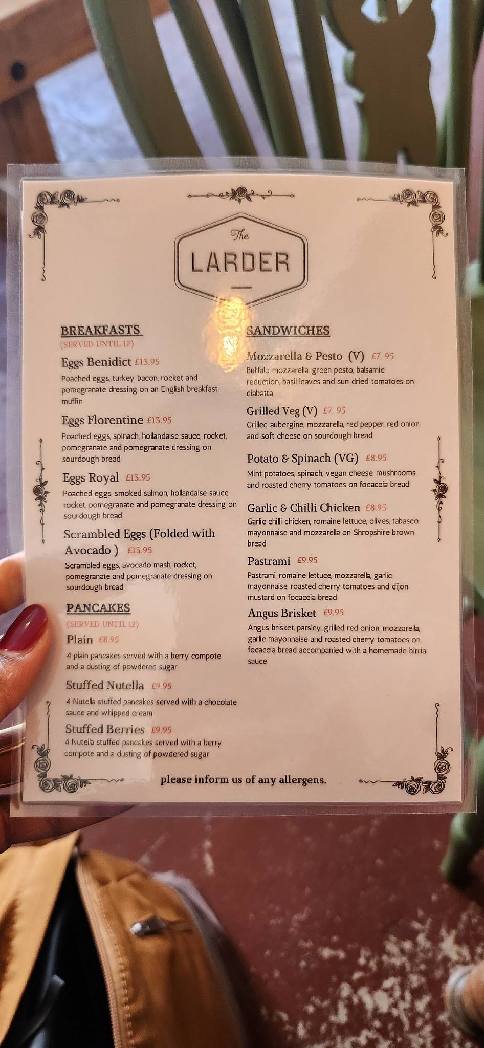 Menu at The Larder cafe, Oxford