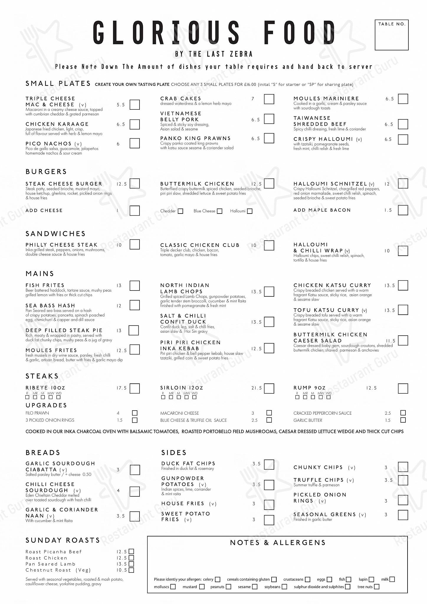 Menu at The Last Zebra restaurant, Carlisle