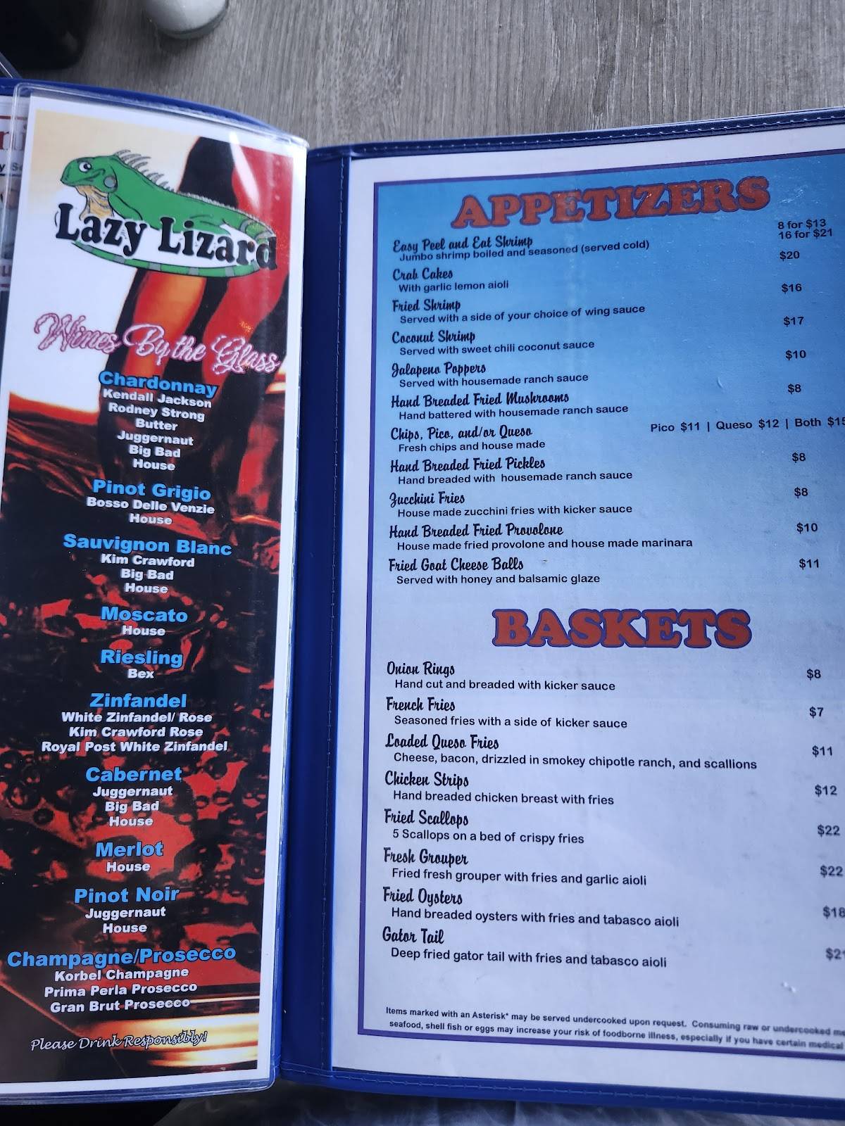 Menu at The Lazy Lizard pub & bar, Hernando Beach