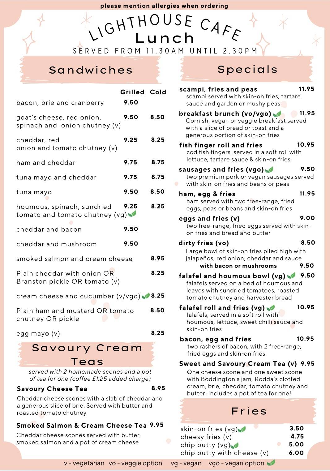 Menu at The Lighthouse Cafe, Mevagissey