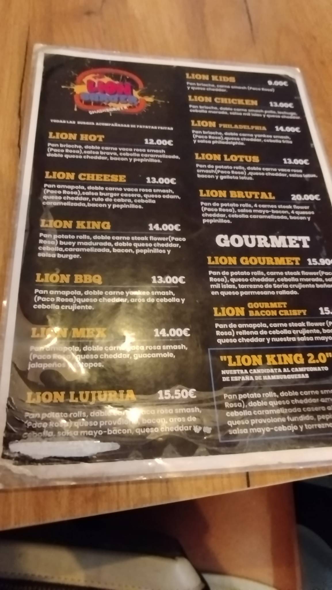 Menu at THE LION BURGER restaurant, Guadalajara