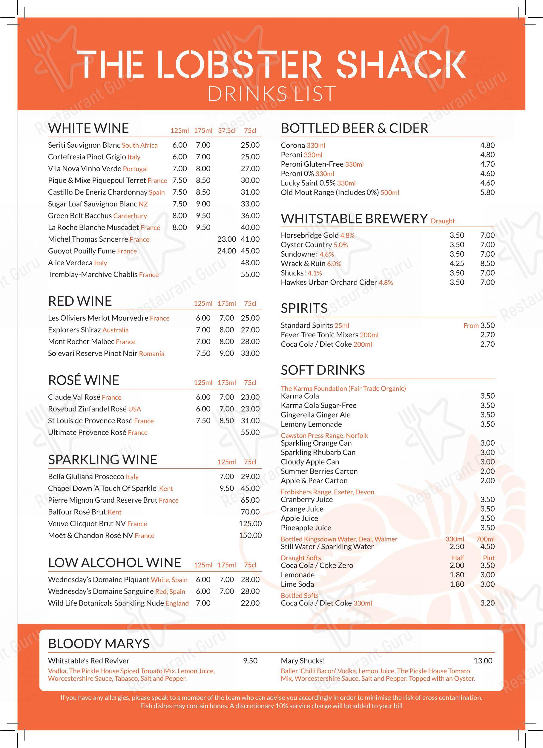 Menu at The Lobster Shack restaurant, Whitstable