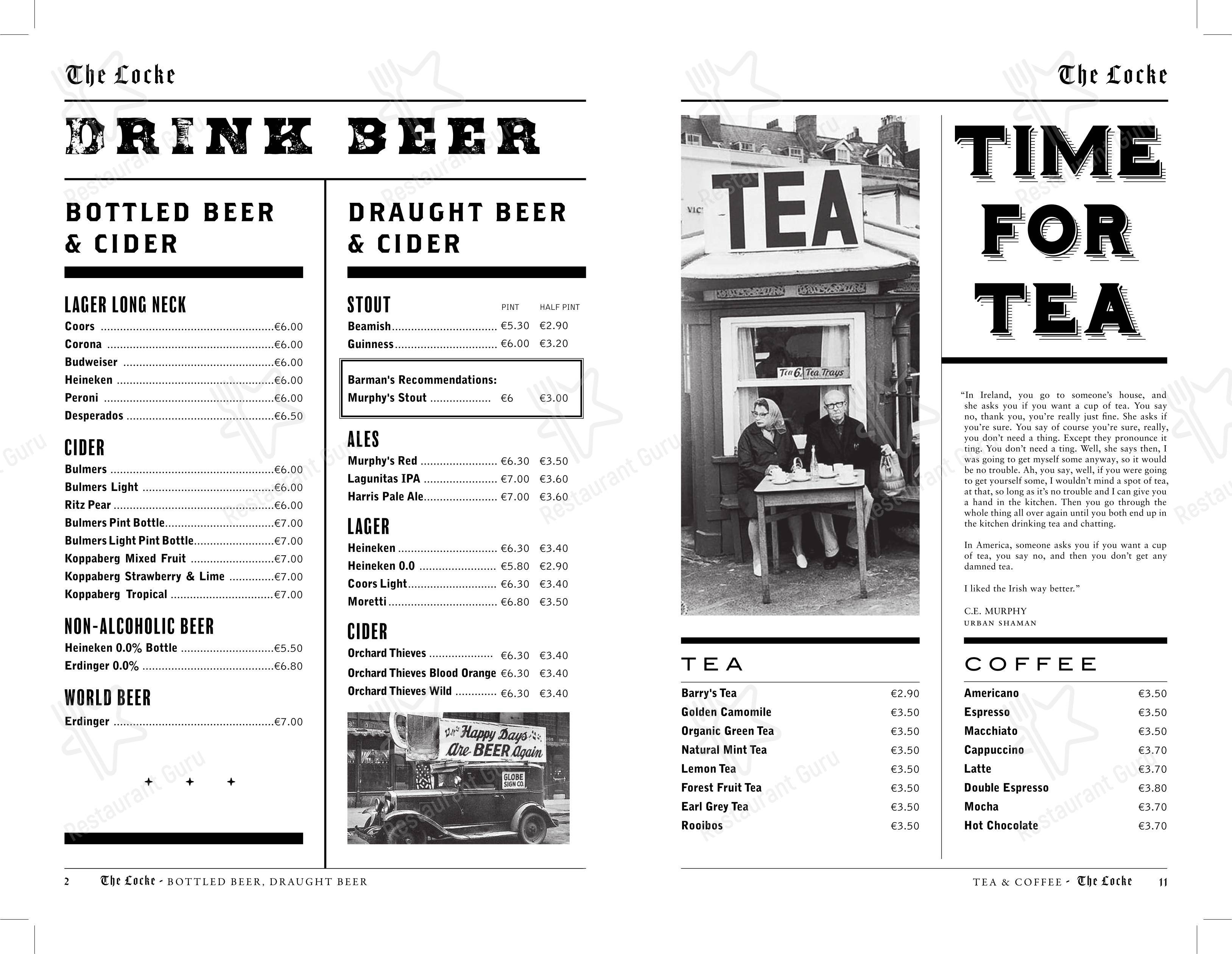 Menu at The Locke Bar, Limerick