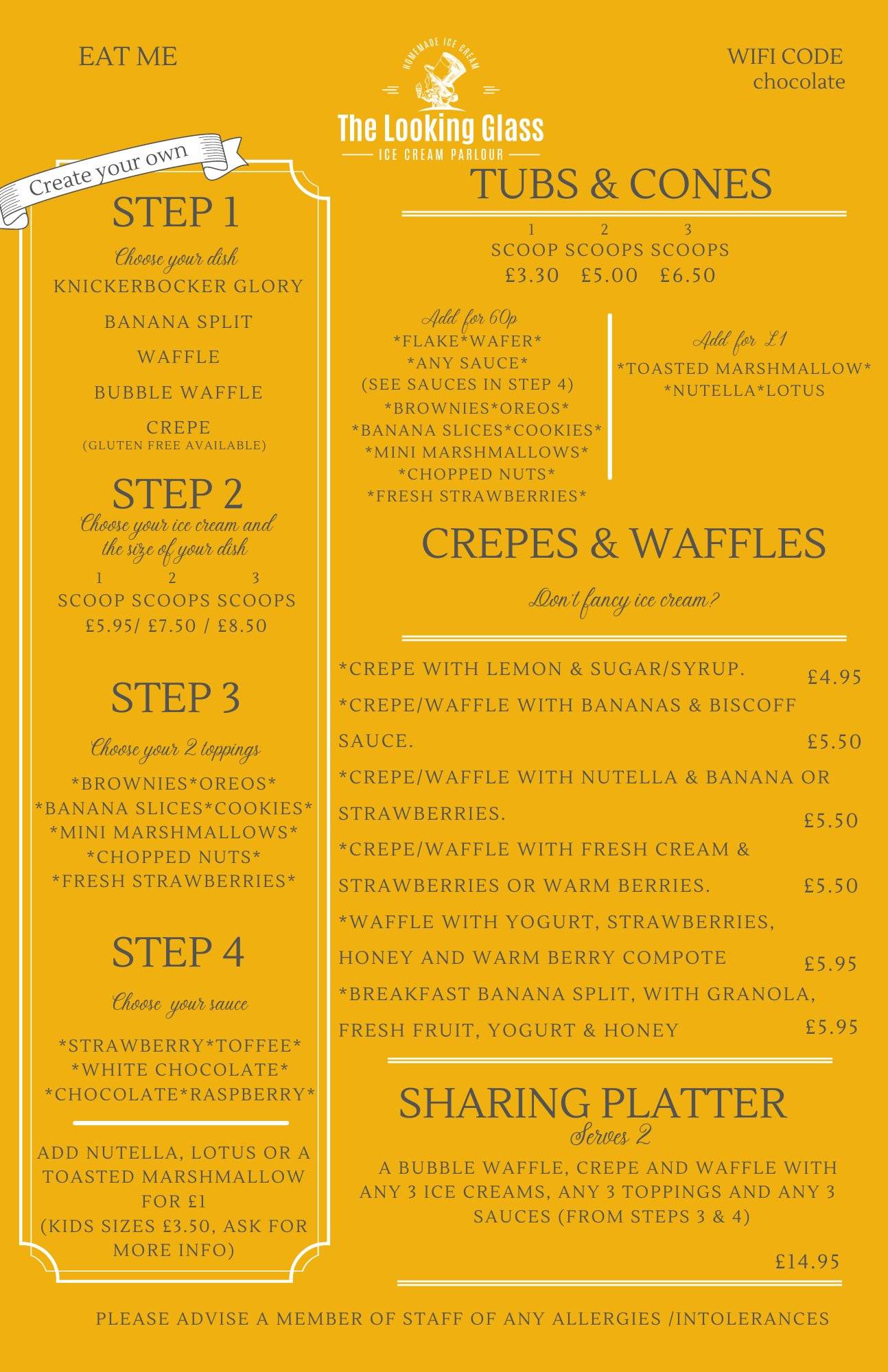 Menu at The Looking Glass cafe, Llandudno