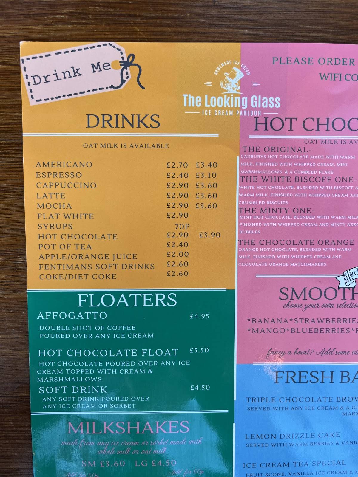 Menu at The Looking Glass cafe, Llandudno