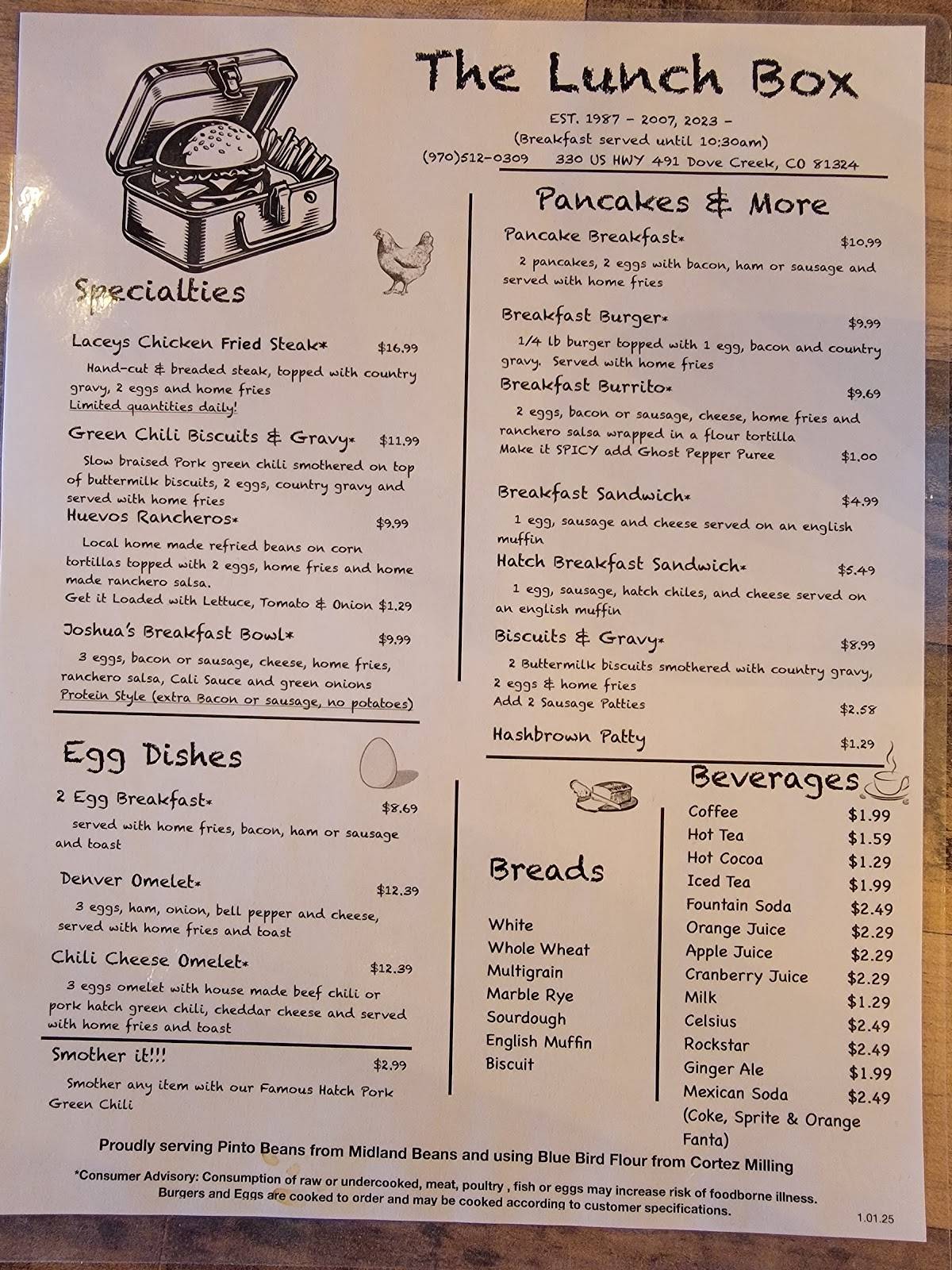 Menu at The Lunch Box restaurant, Dove Creek