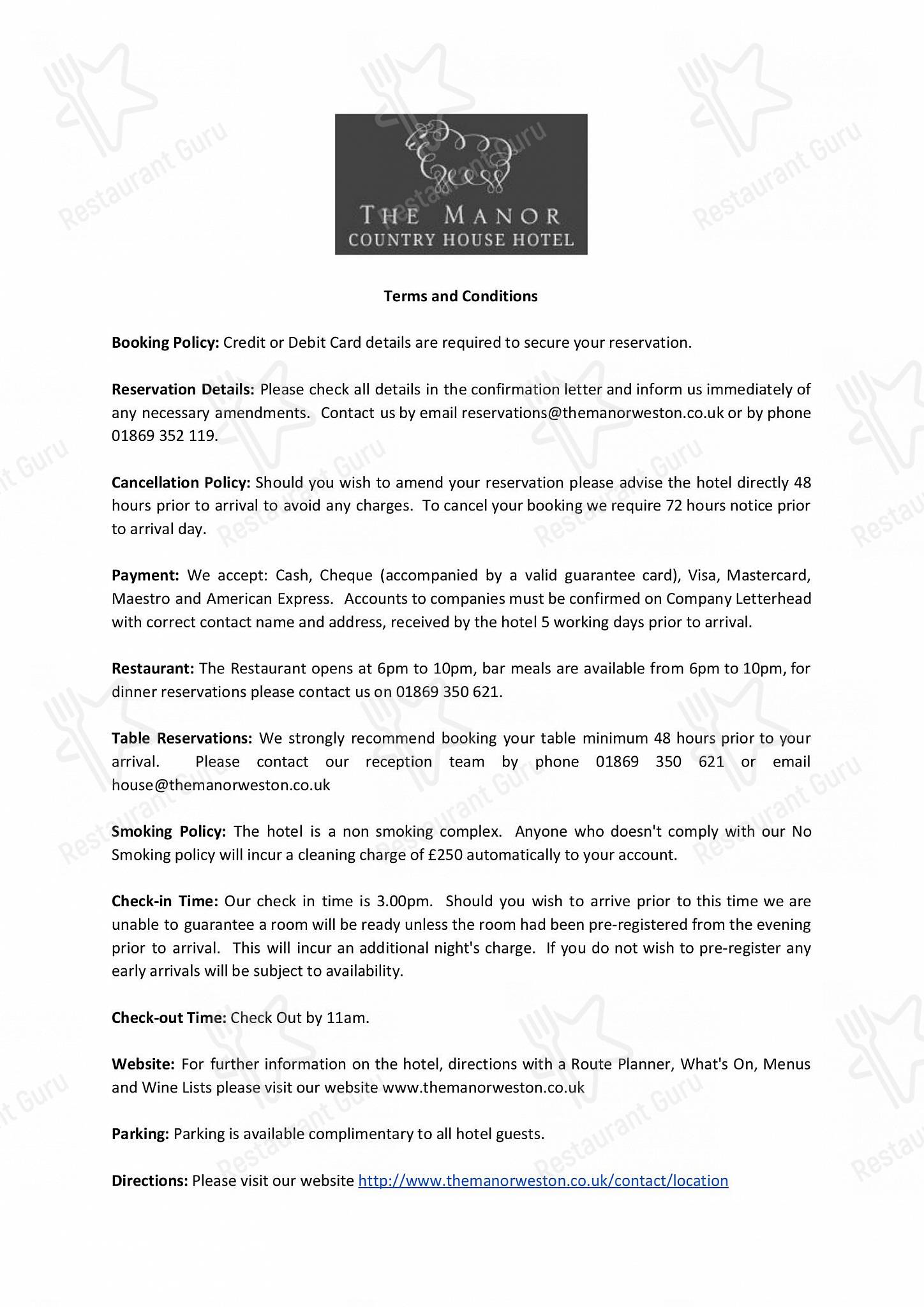 Menu at Weston Manor Hotel restaurant, Weston-on-the-Green