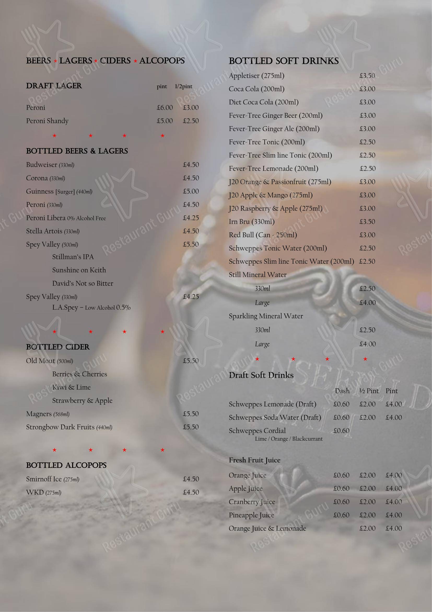 Carta de The Mansefield Restaurant, Elgin
