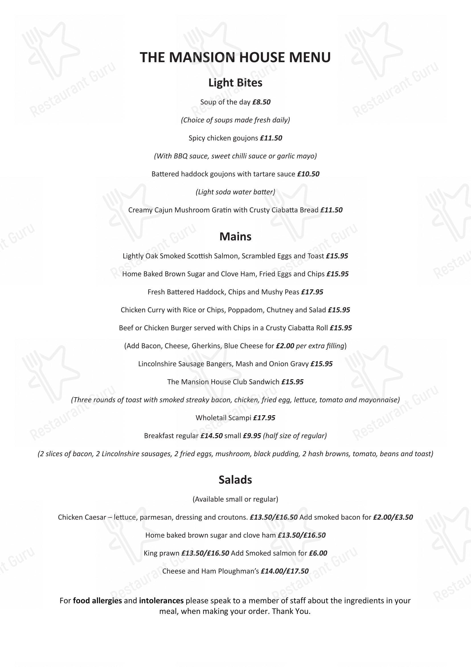 Menu at The Mansion House restaurant, Louth