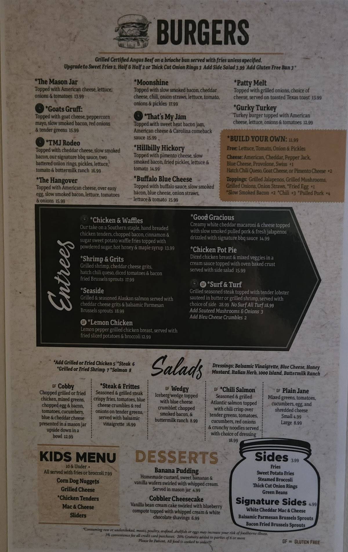 Menu at The Mason Jar pub & bar, Greer