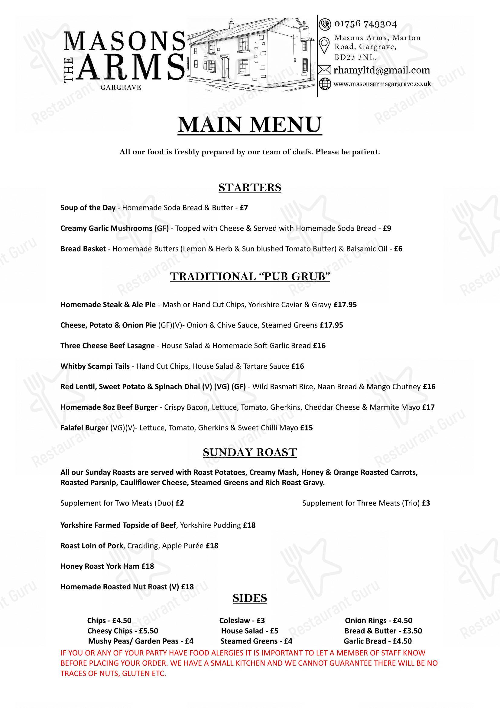 Menu at The Masons Arms pub & bar, Gargrave