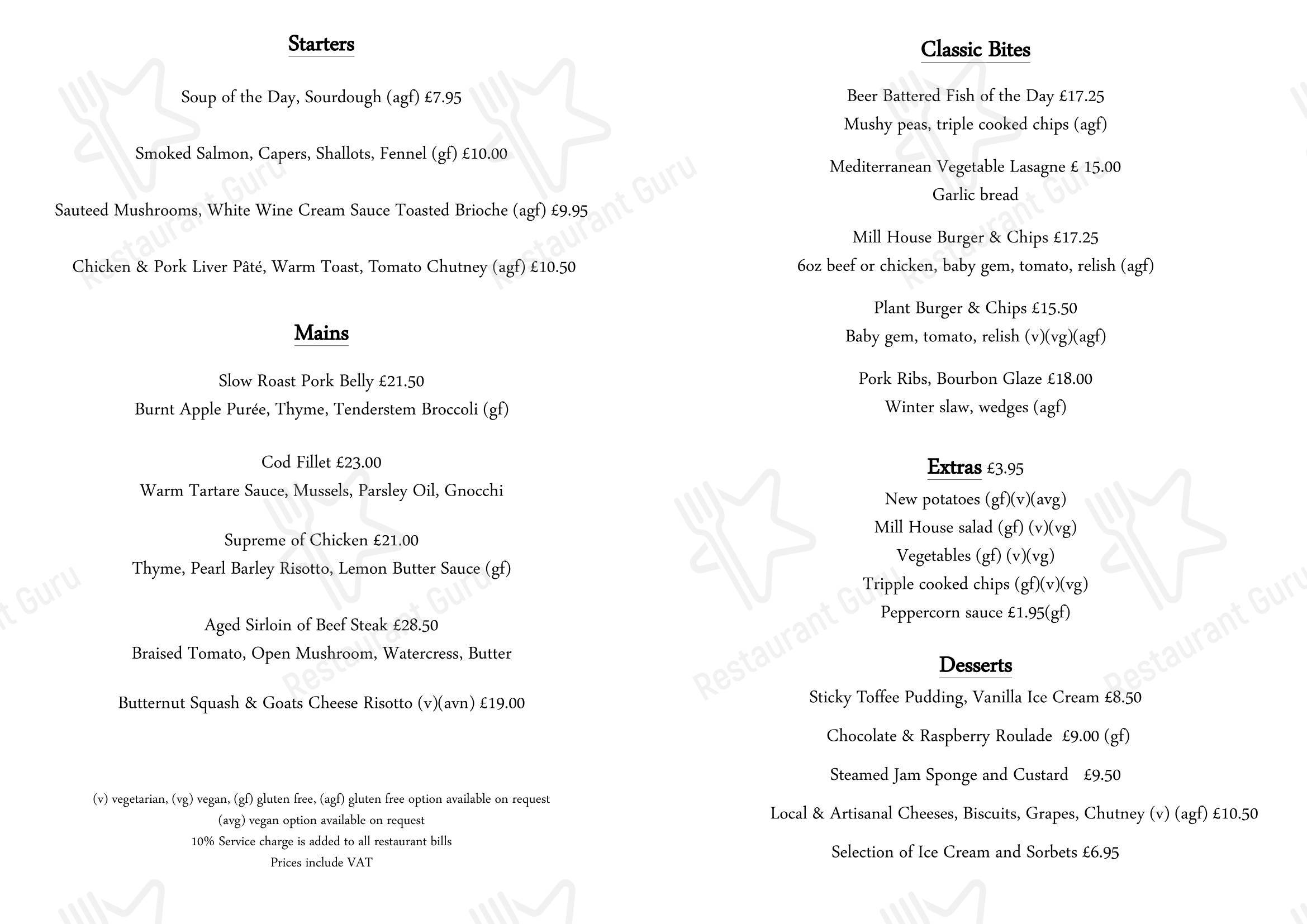 Menu at The Mill House restaurant, Swallowfield