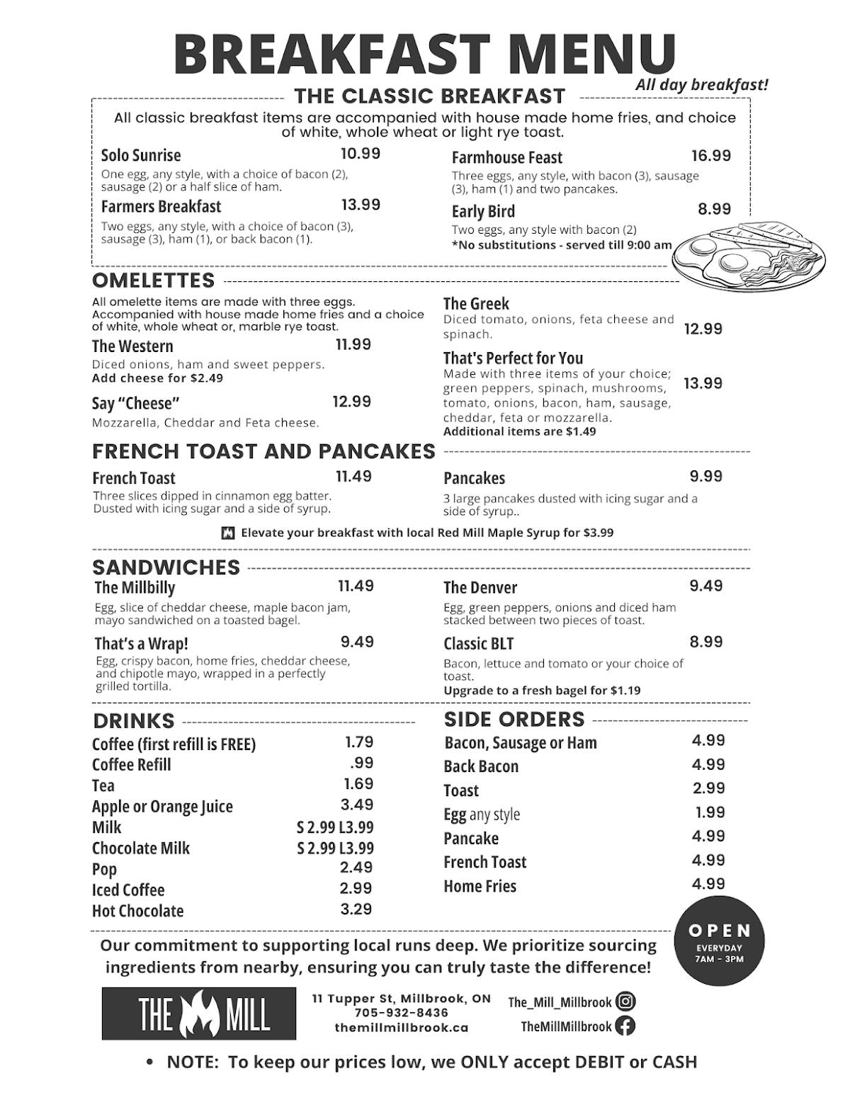 Menu at The Mill restaurant, Millbrook