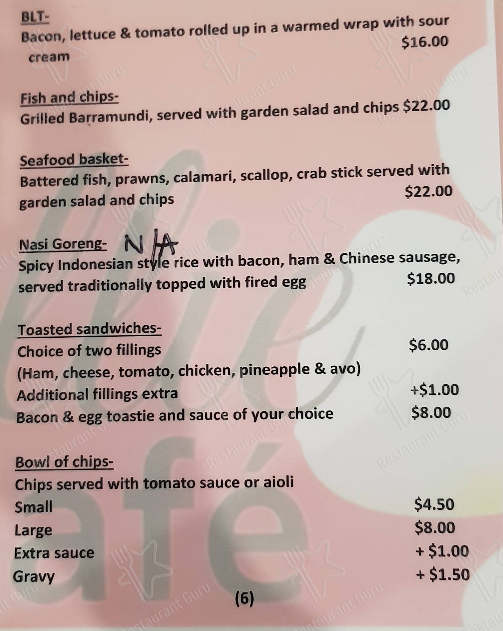 Menu at The Millie cafe, Cable Beach
