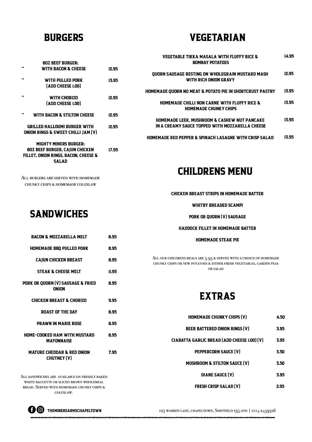 Menu at The Miners Arms Chapeltown restaurant, Sheffield, 125 Warren Ln