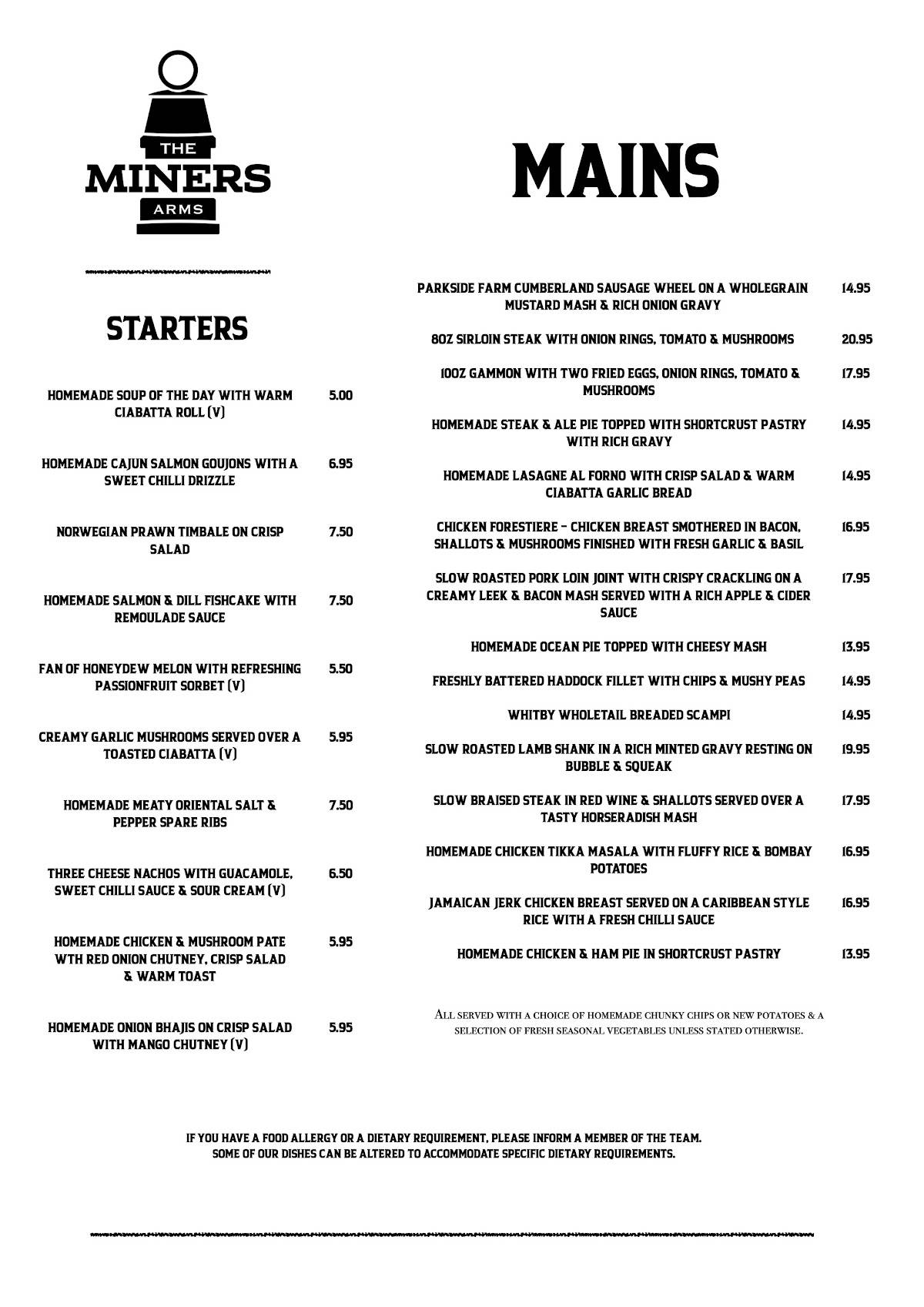 Menu at The Miners Arms Chapeltown restaurant, Sheffield, 125 Warren Ln