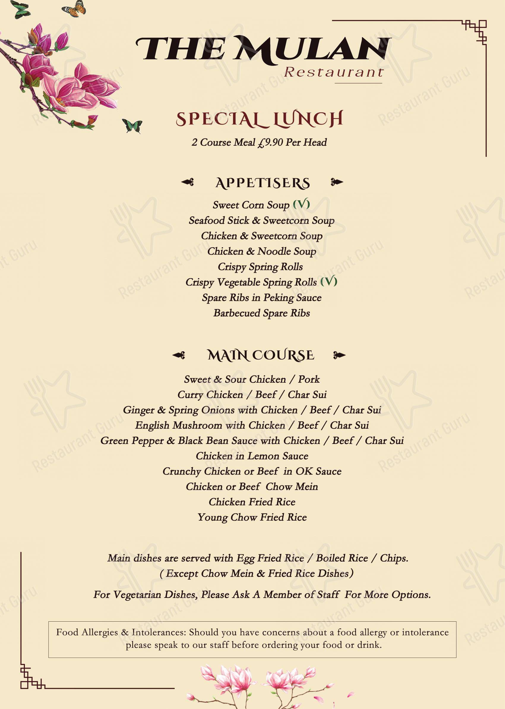Menu at The Mulan restaurant, York