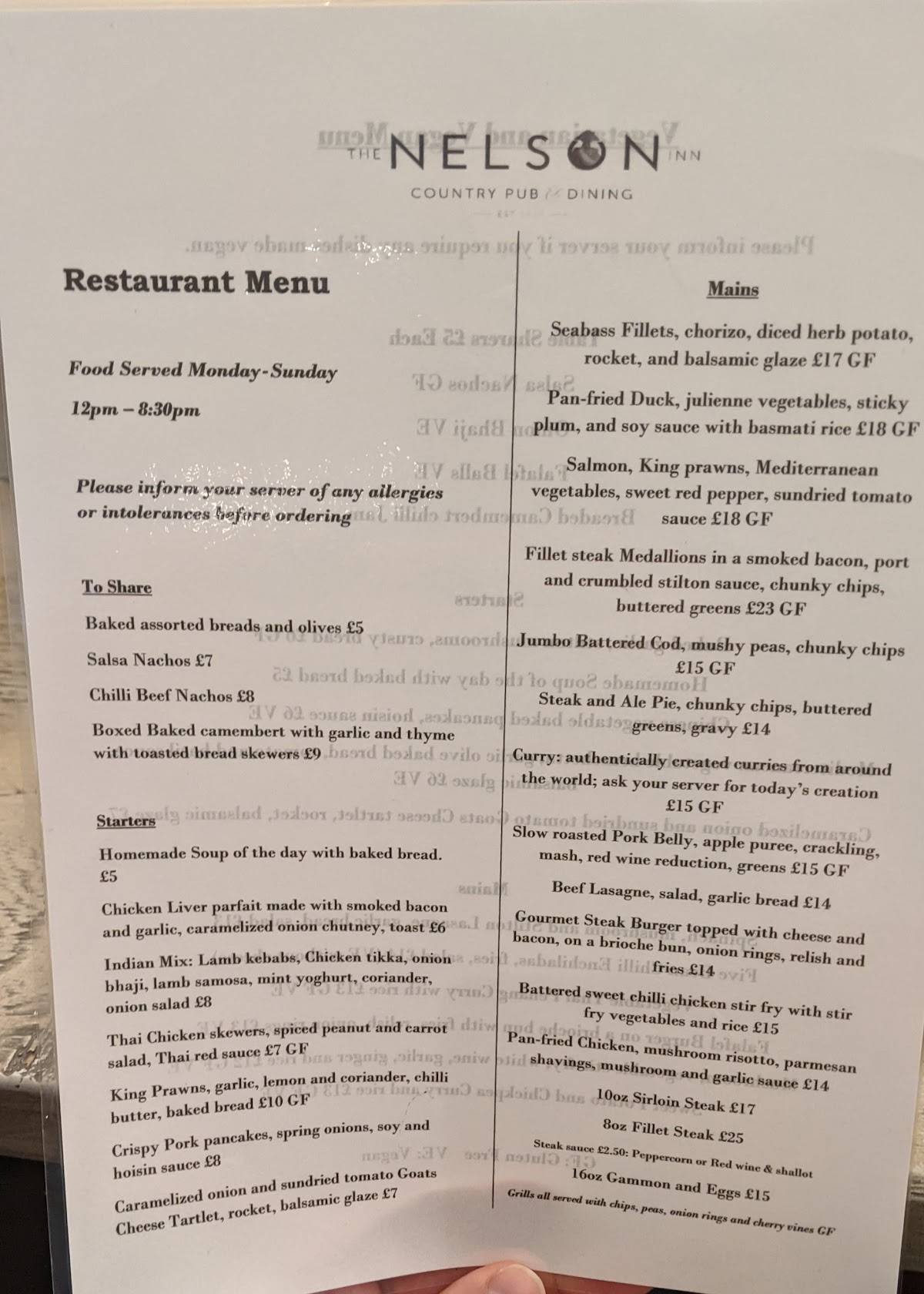 Menu at The Nelson Inn pub & bar, Burntwood