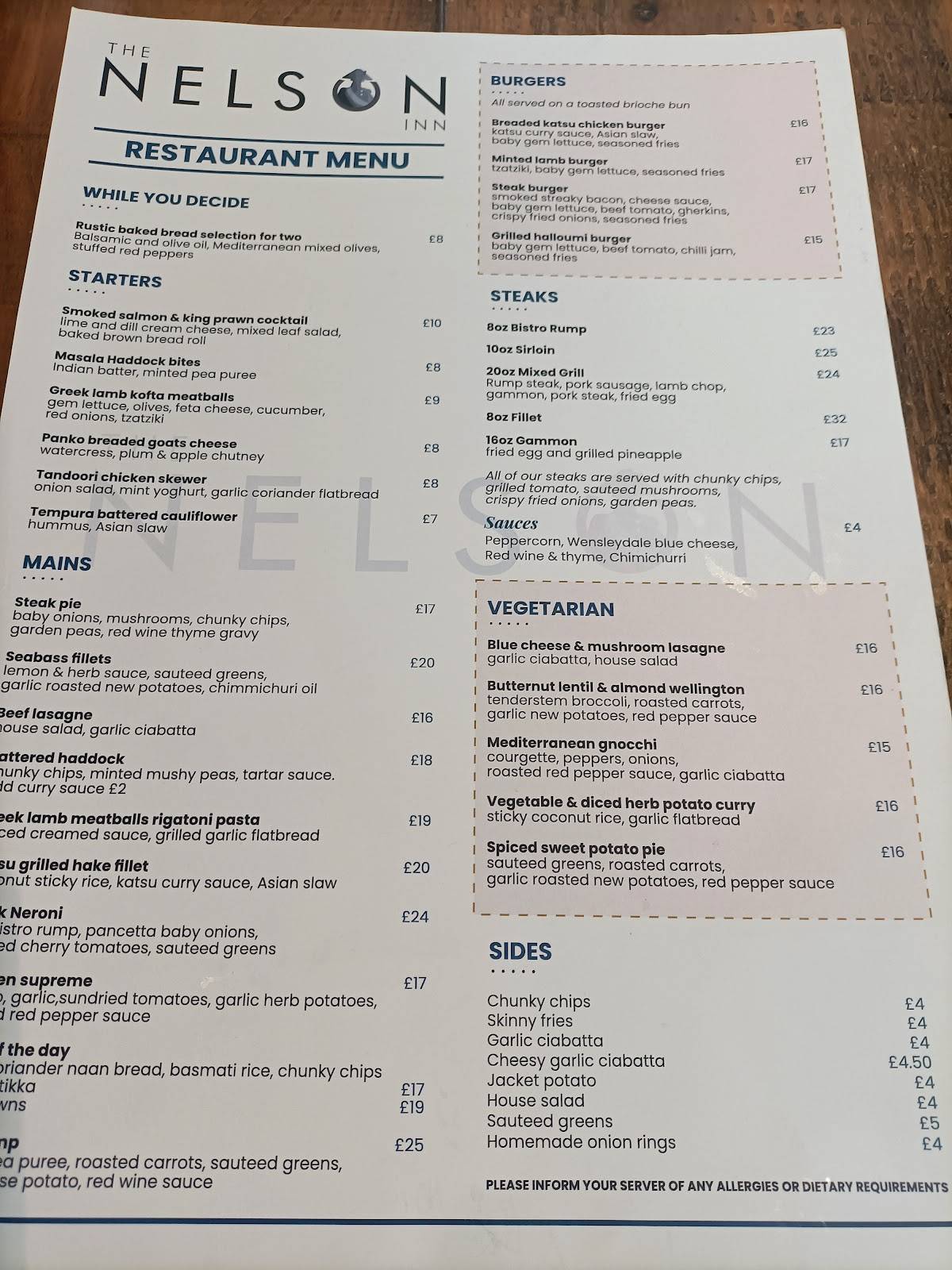 Menu at The Nelson Inn pub & bar, Burntwood