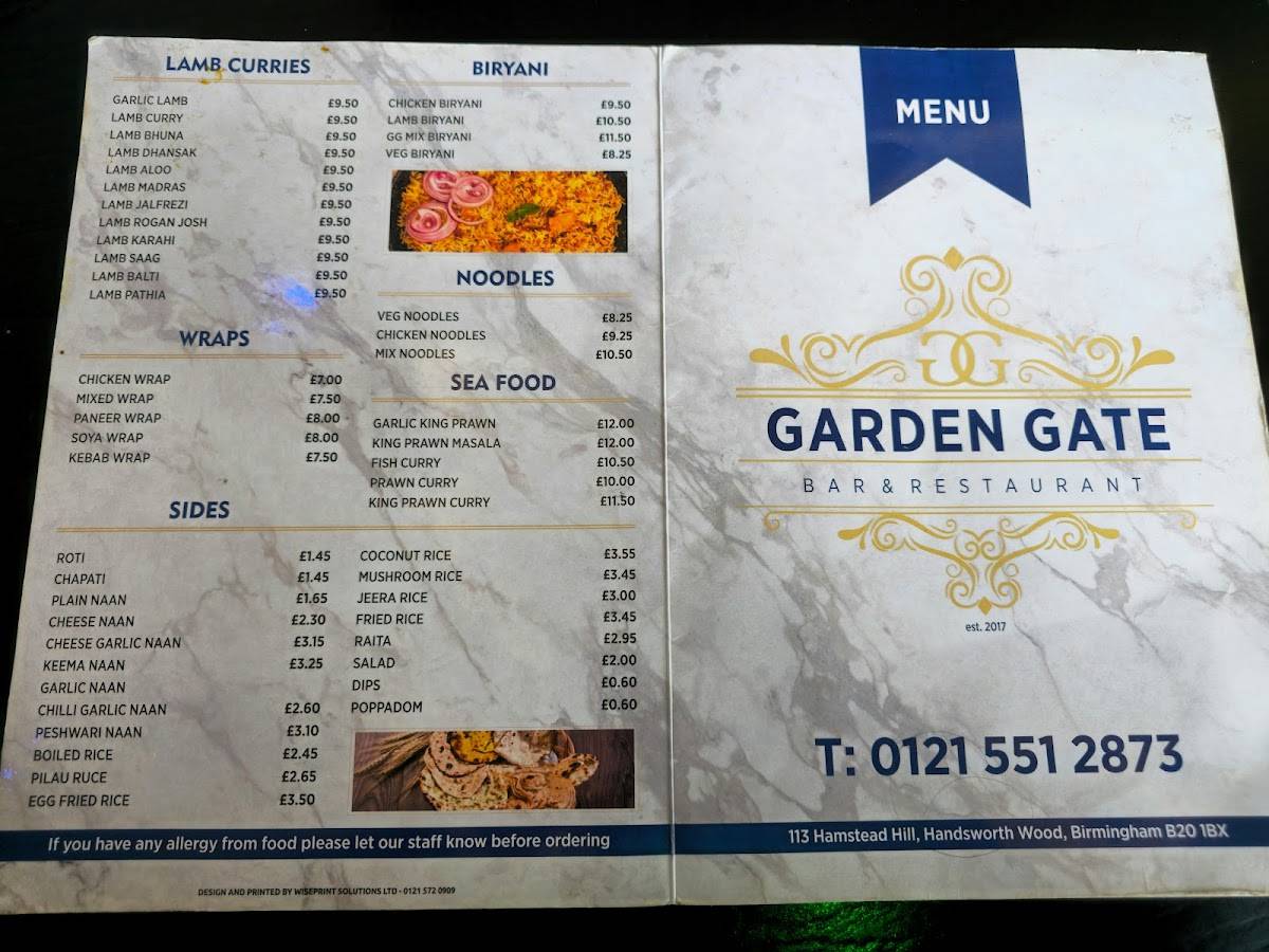 Menu at The New Garden Gate pub & bar, Birmingham