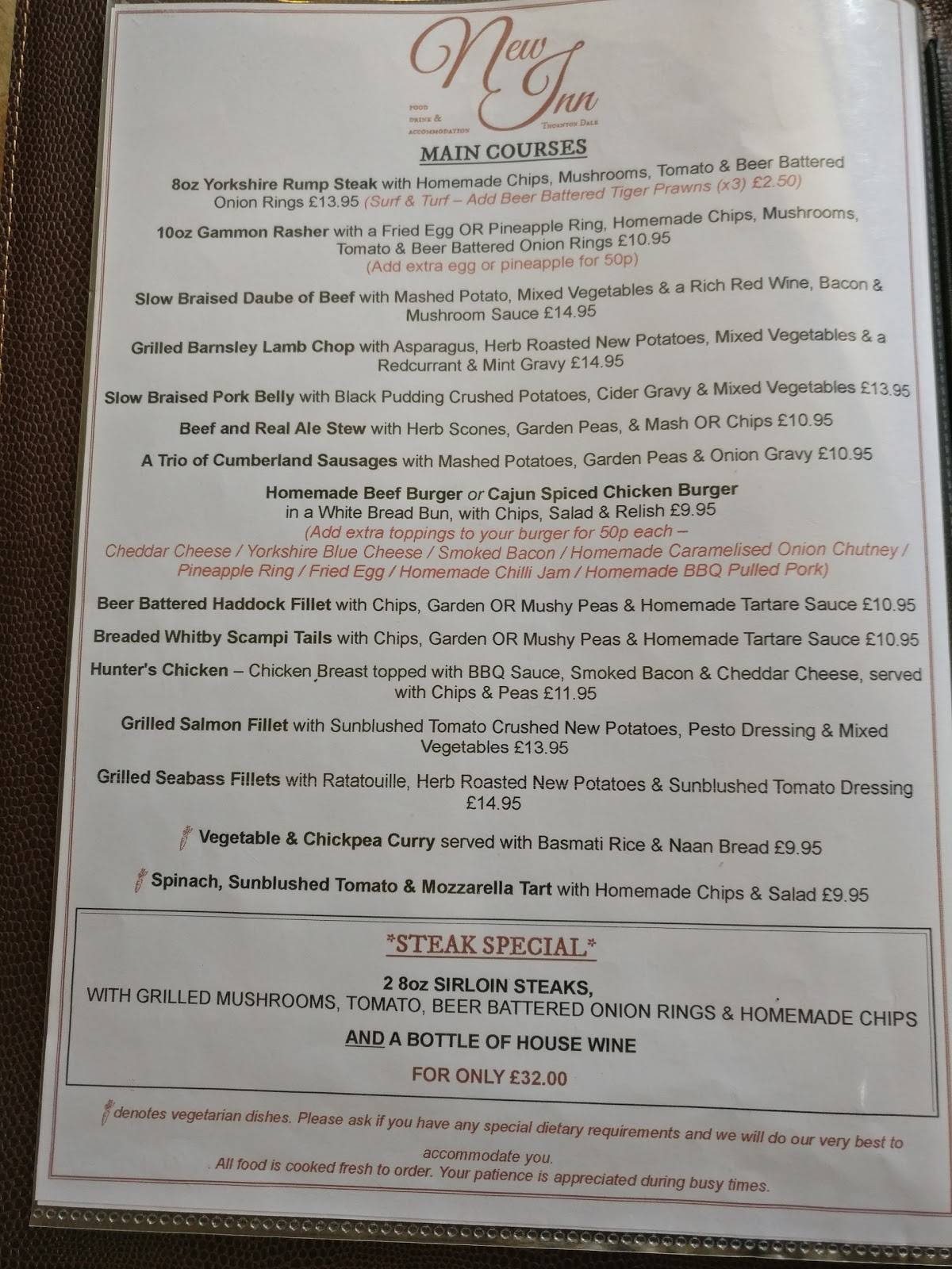 Menu at The New Inn pub & bar, Thornton Dale