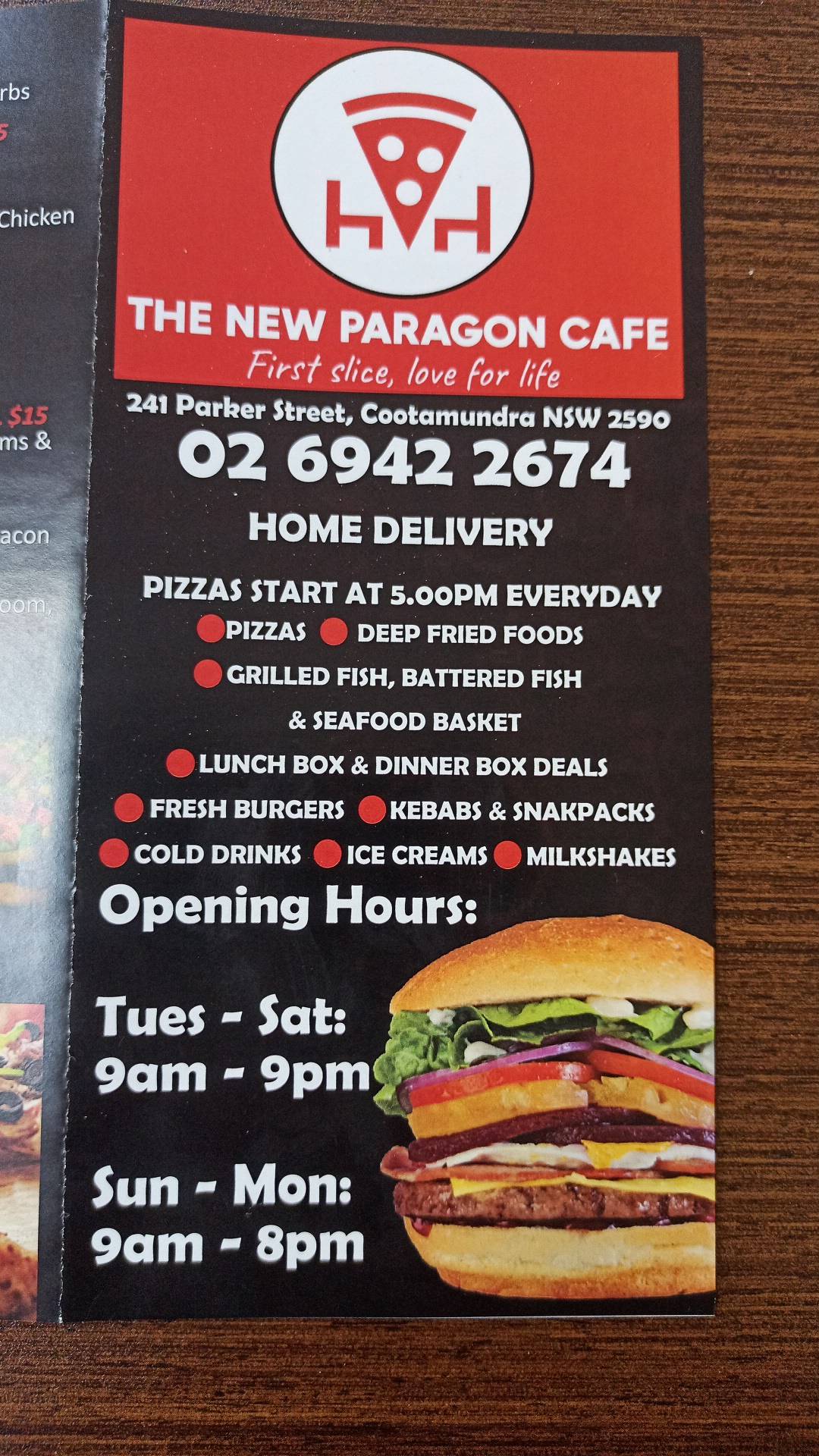 Menu at The New Paragon Dining restaurant, Cootamundra