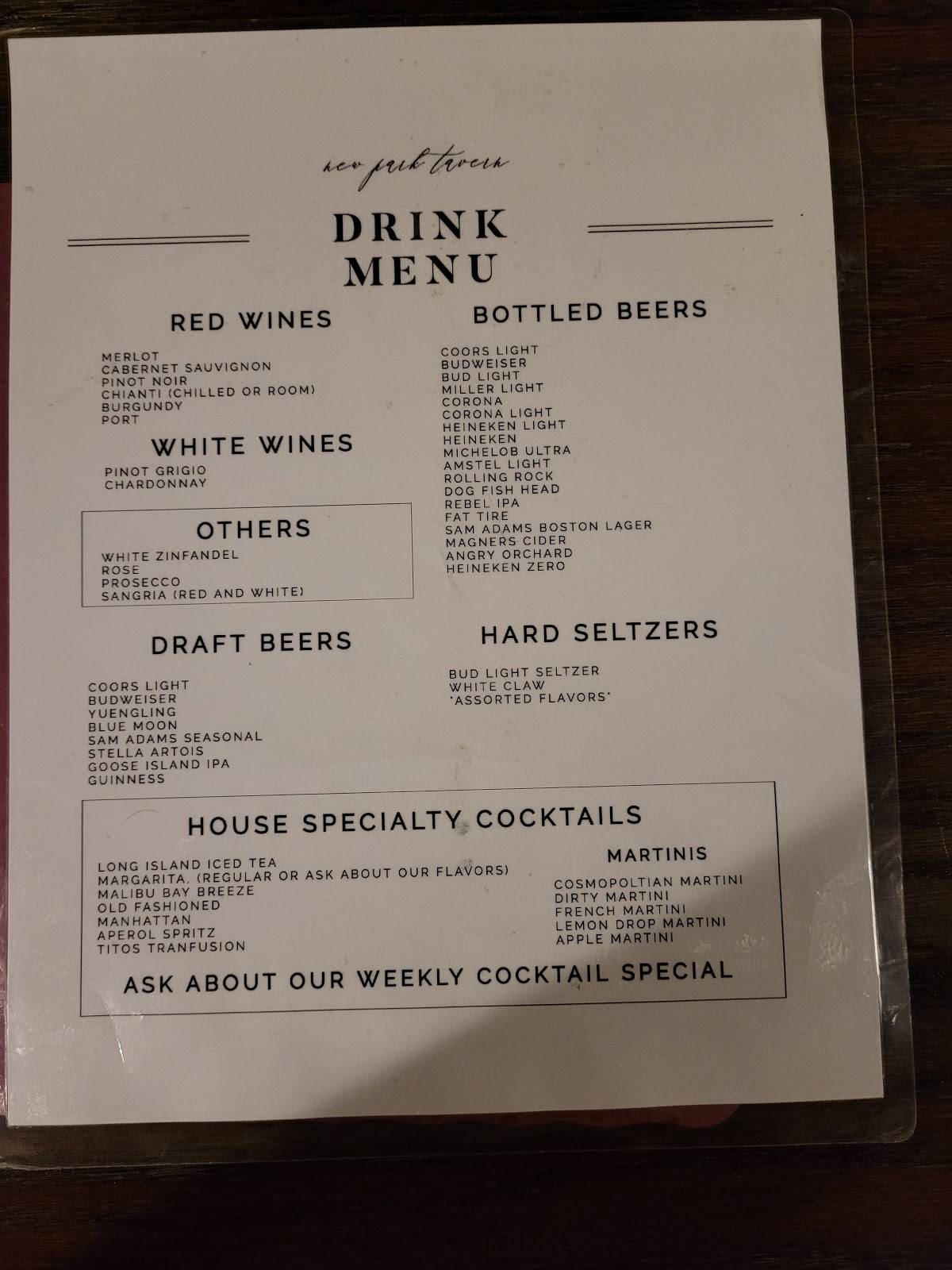 Menu at The New Park Tavern pub & bar, East Rutherford