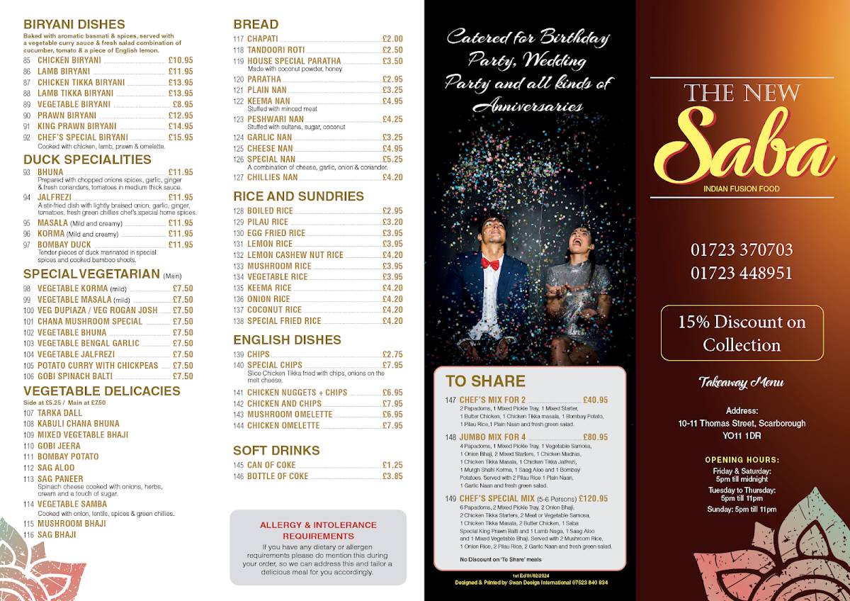 Menu at The New Saba indian restaurant, Scarborough