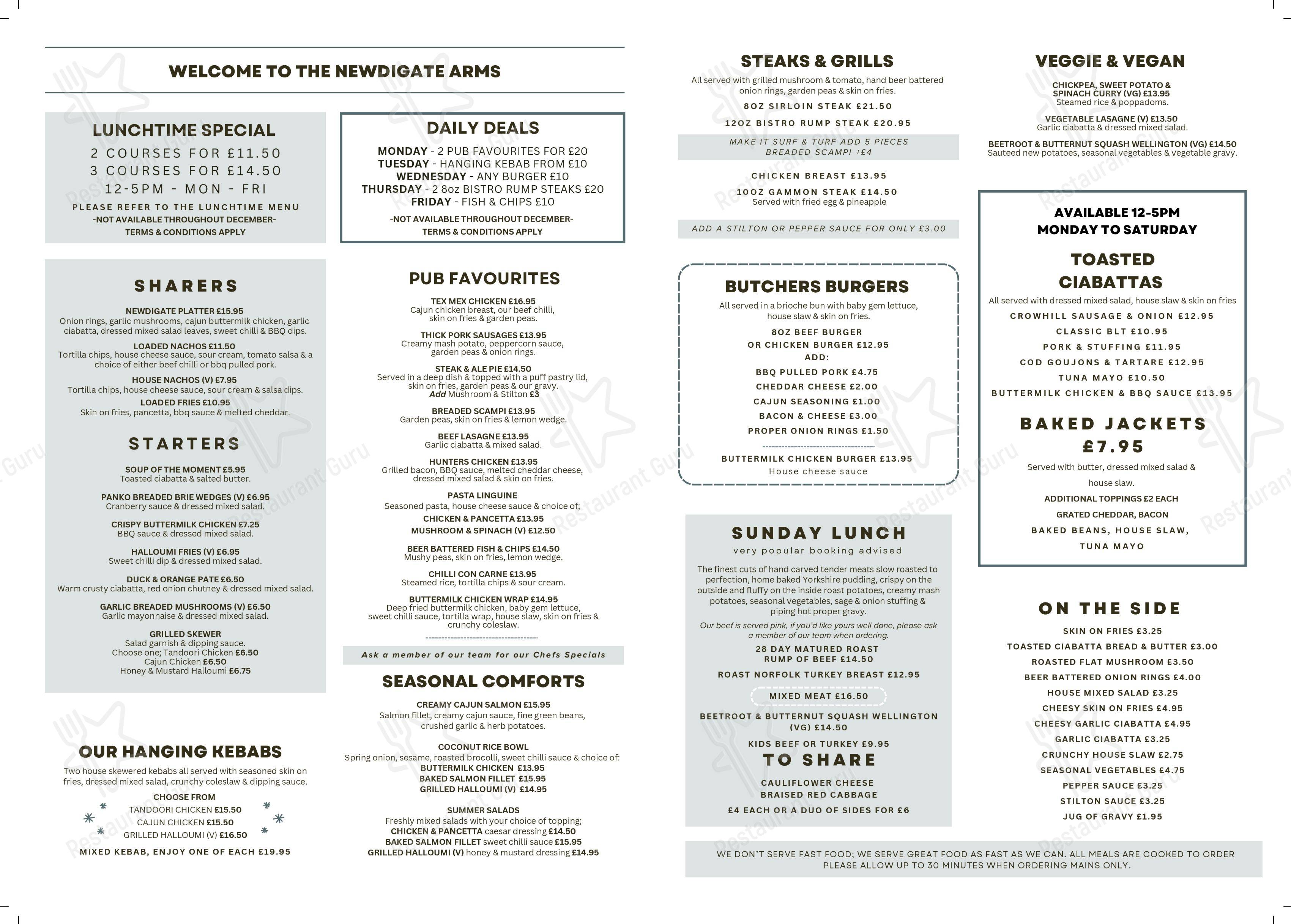 Menu at The Newdigate Arms pub & bar, Bedworth