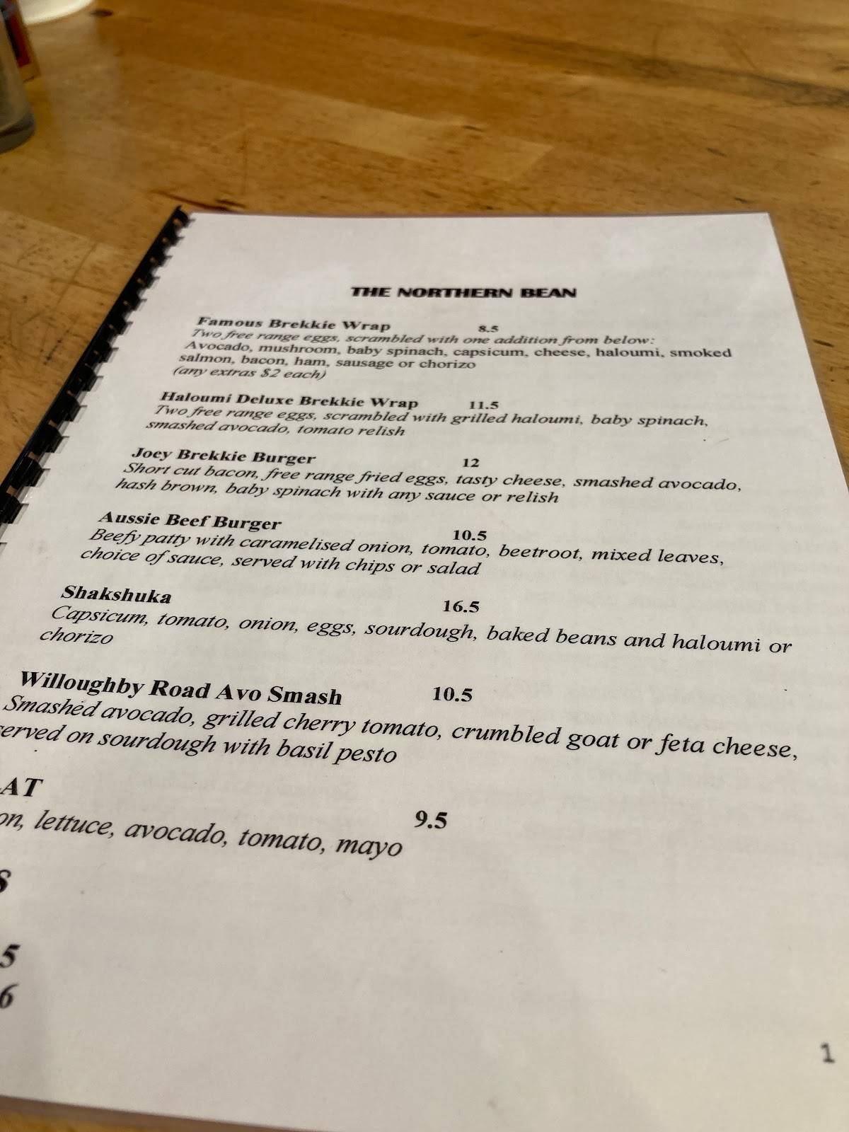 Menu at The Northern Bean Willoughby cafe, Willoughby, 513 Willoughby Rd