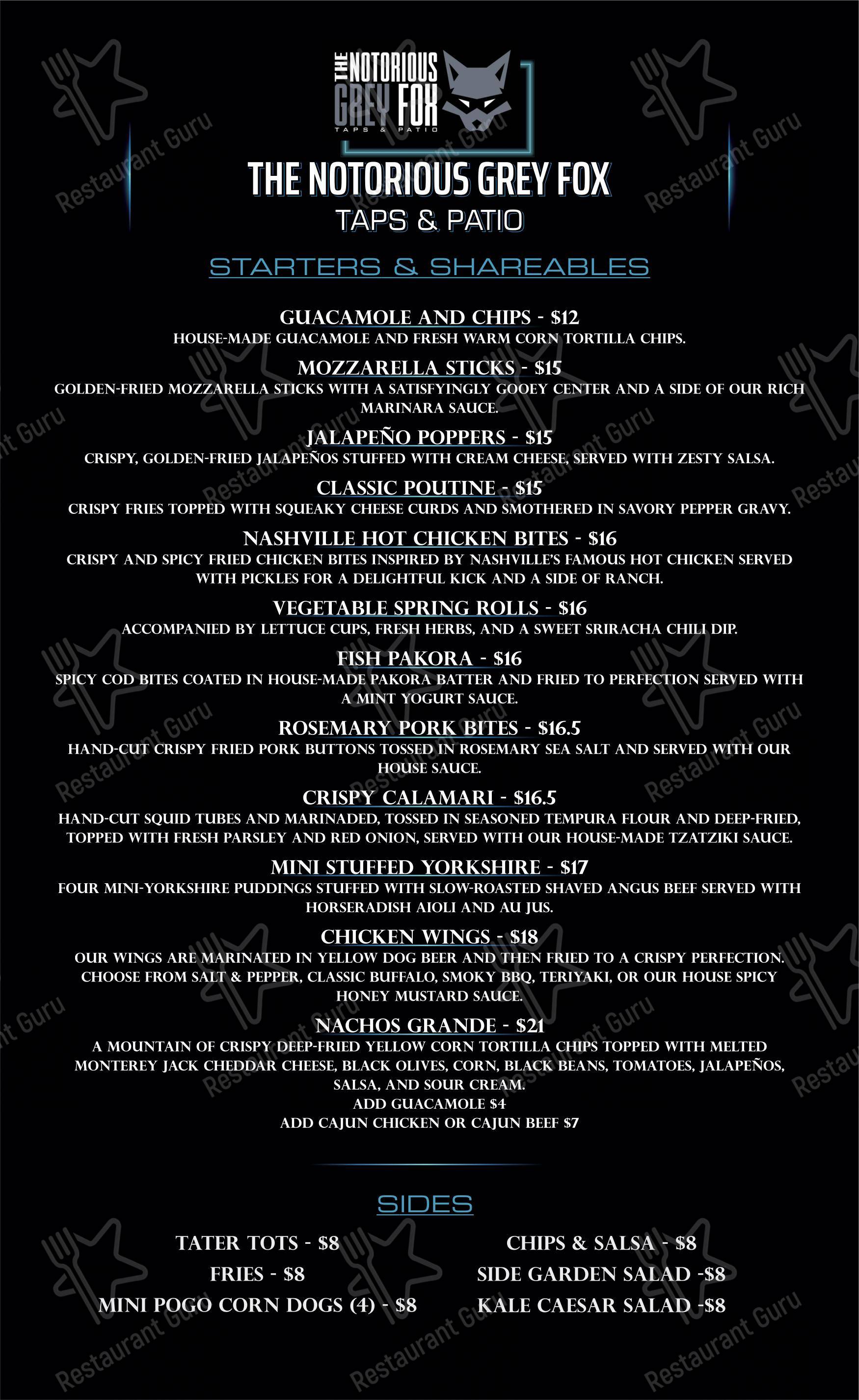 Menu at The Notorious Grey Fox Taps & Patio pub & bar, New Westminster