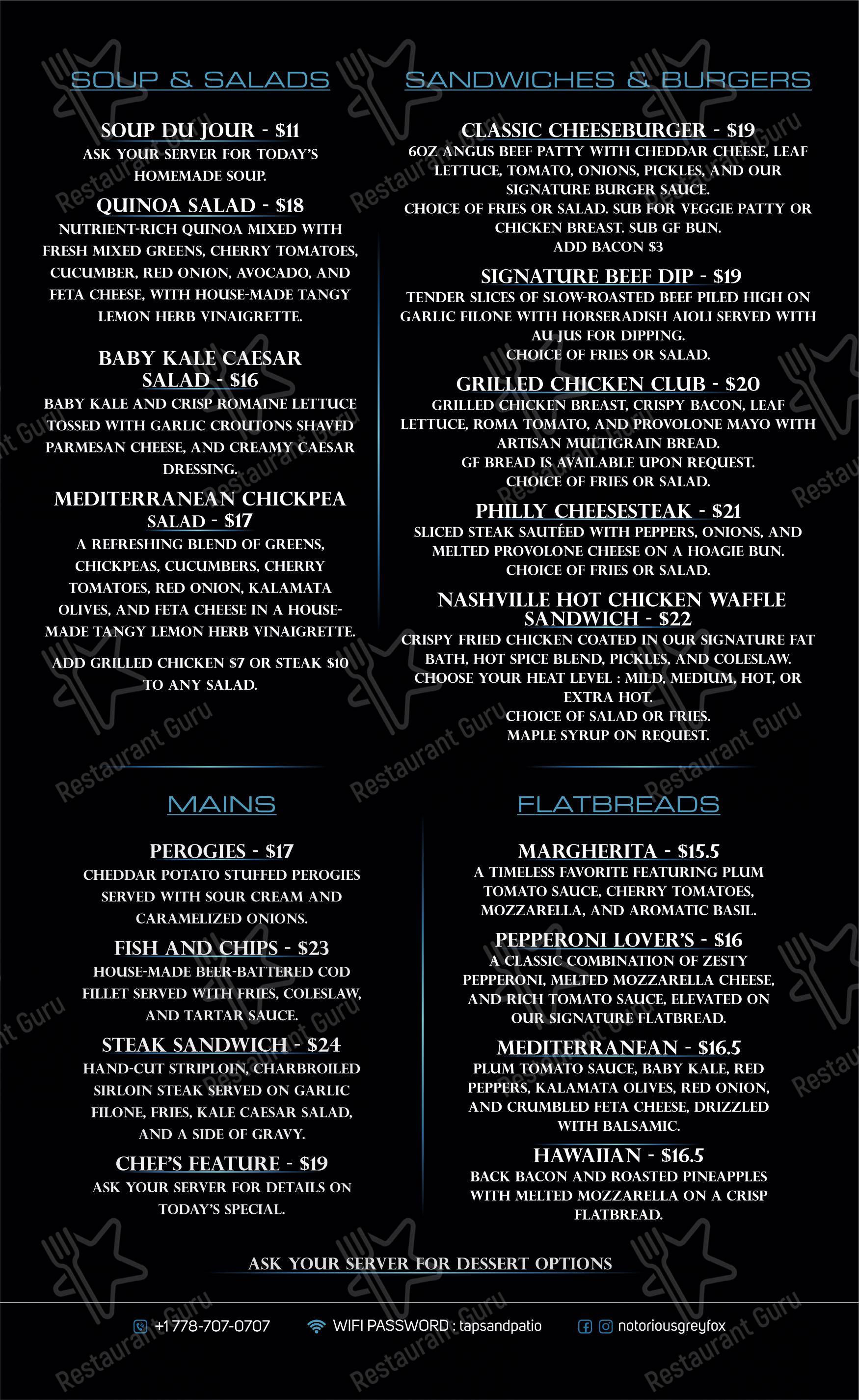 Menu at The Notorious Grey Fox Taps & Patio pub & bar, New Westminster