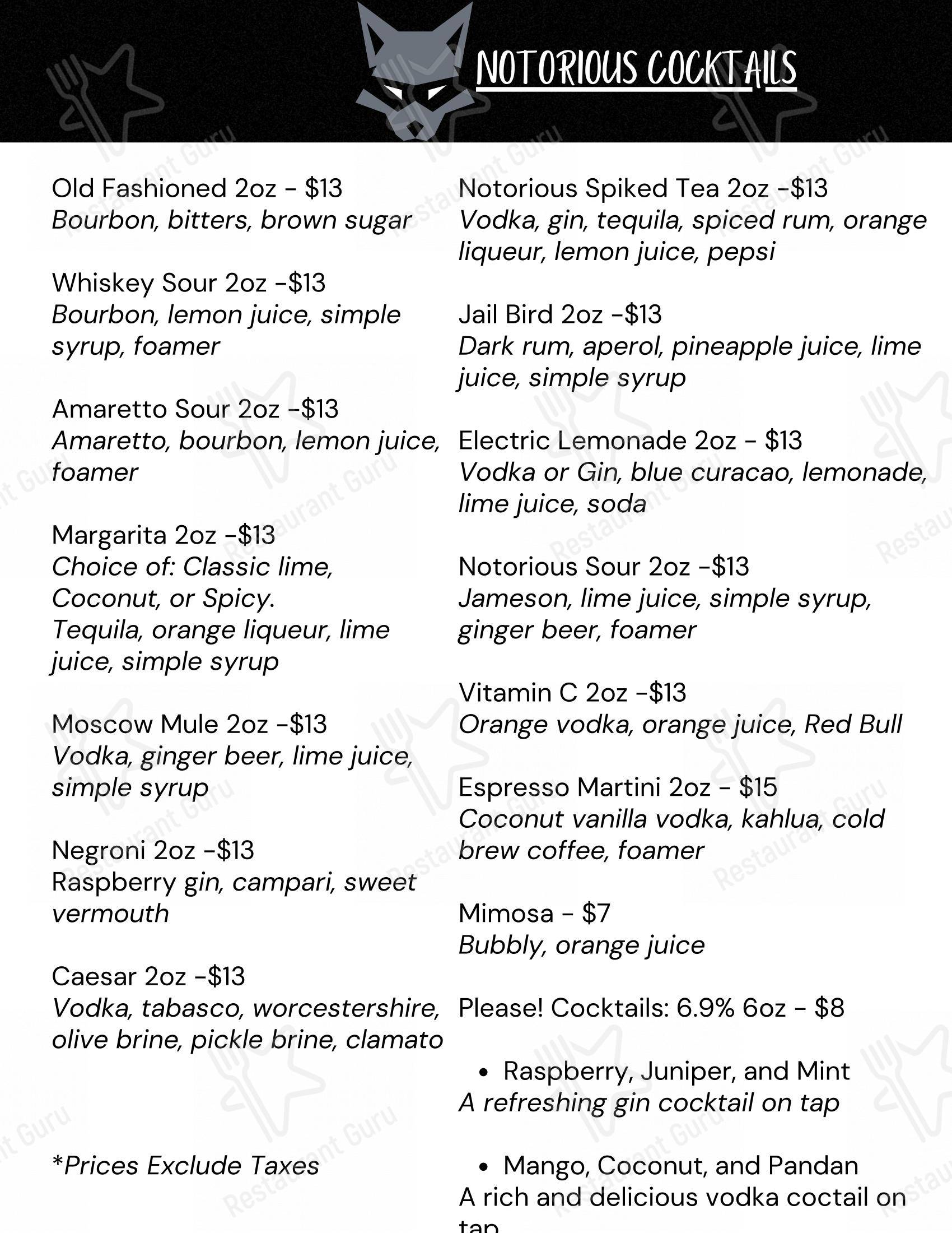 Menu at The Notorious Grey Fox Taps & Patio pub & bar, New Westminster