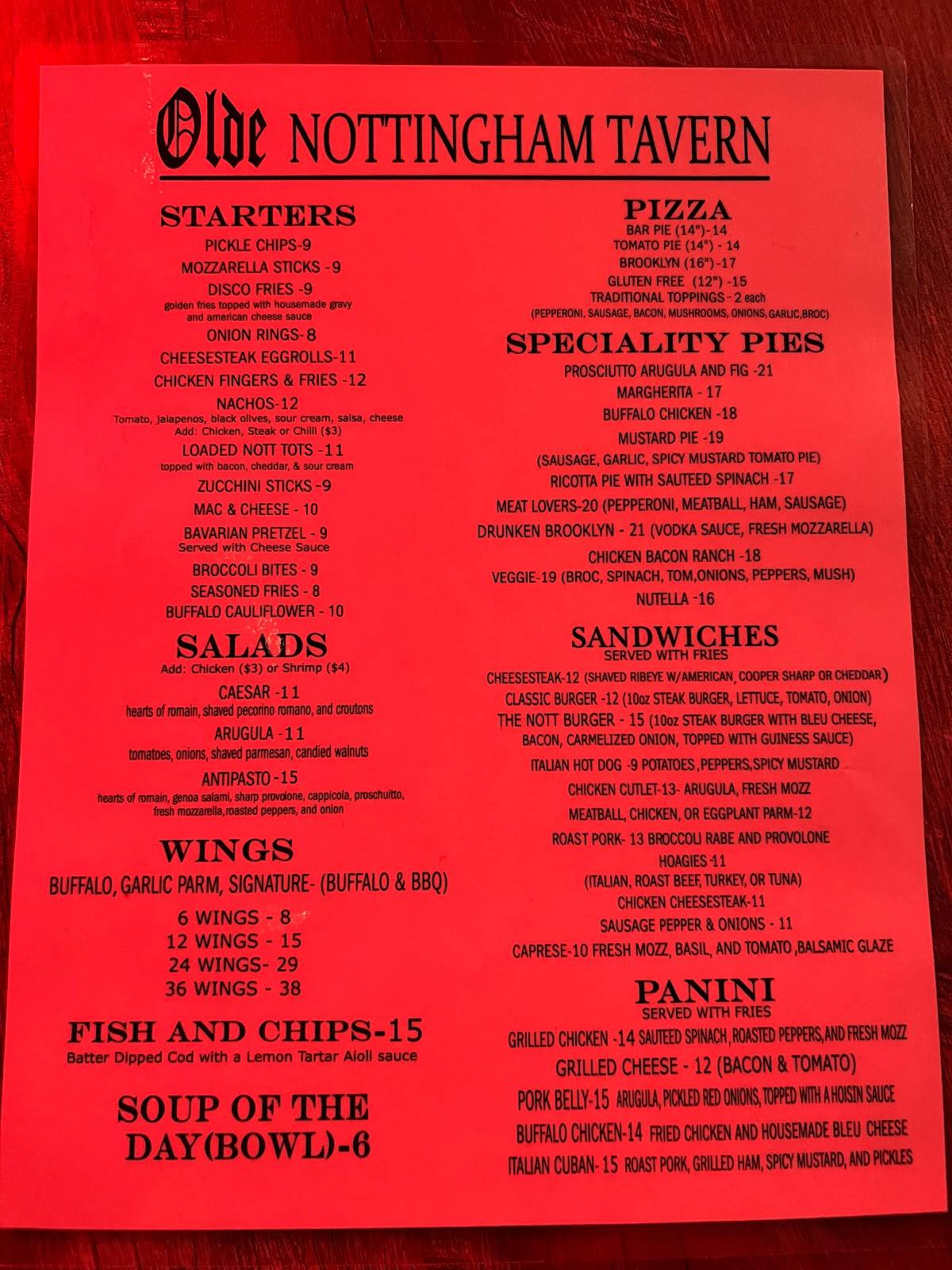 Menu at The Nottingham Tavern pub & bar, Hamilton Township