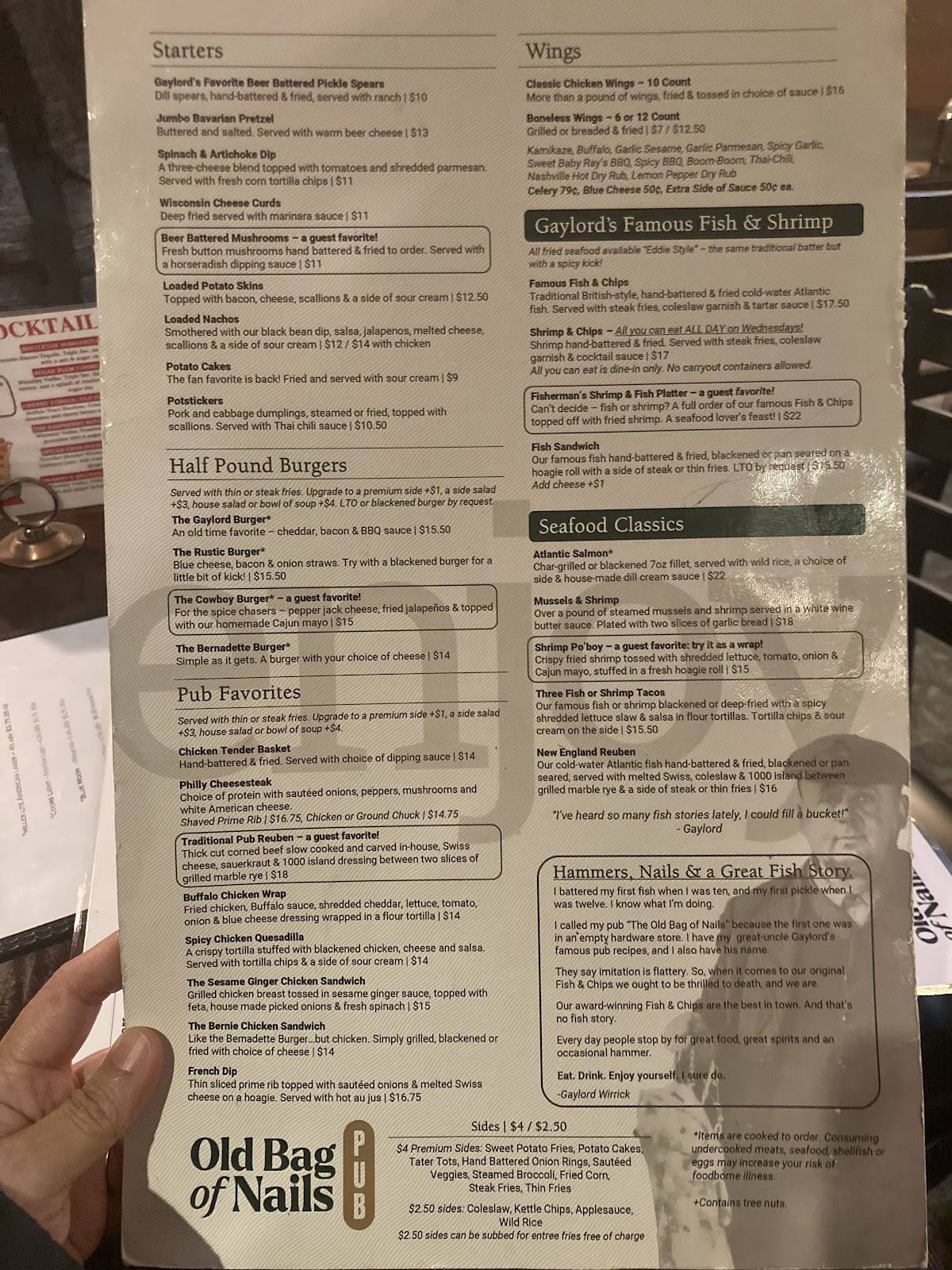 Old bag of nails menu store