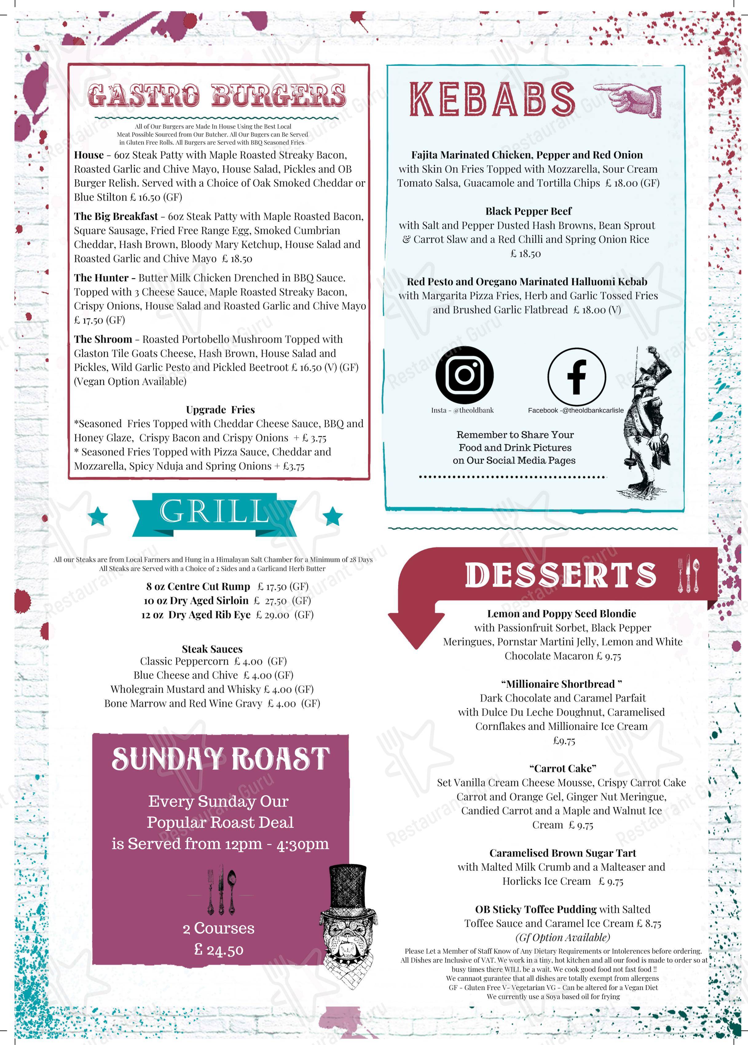 Menu at The Old Bank restaurant, Carlisle