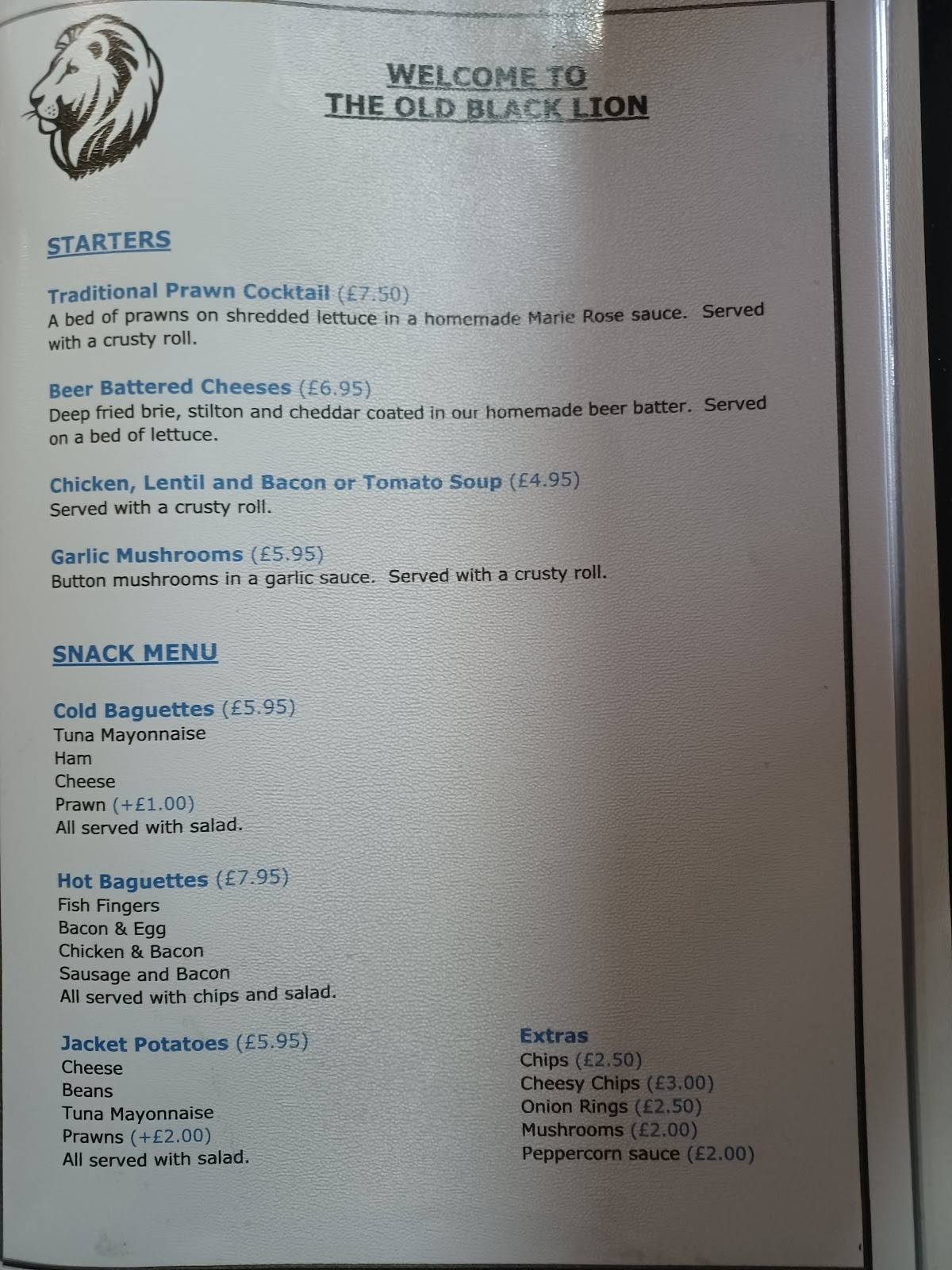 Menu at The Old Black Lion pub & bar, Gedney, Chapel Gate