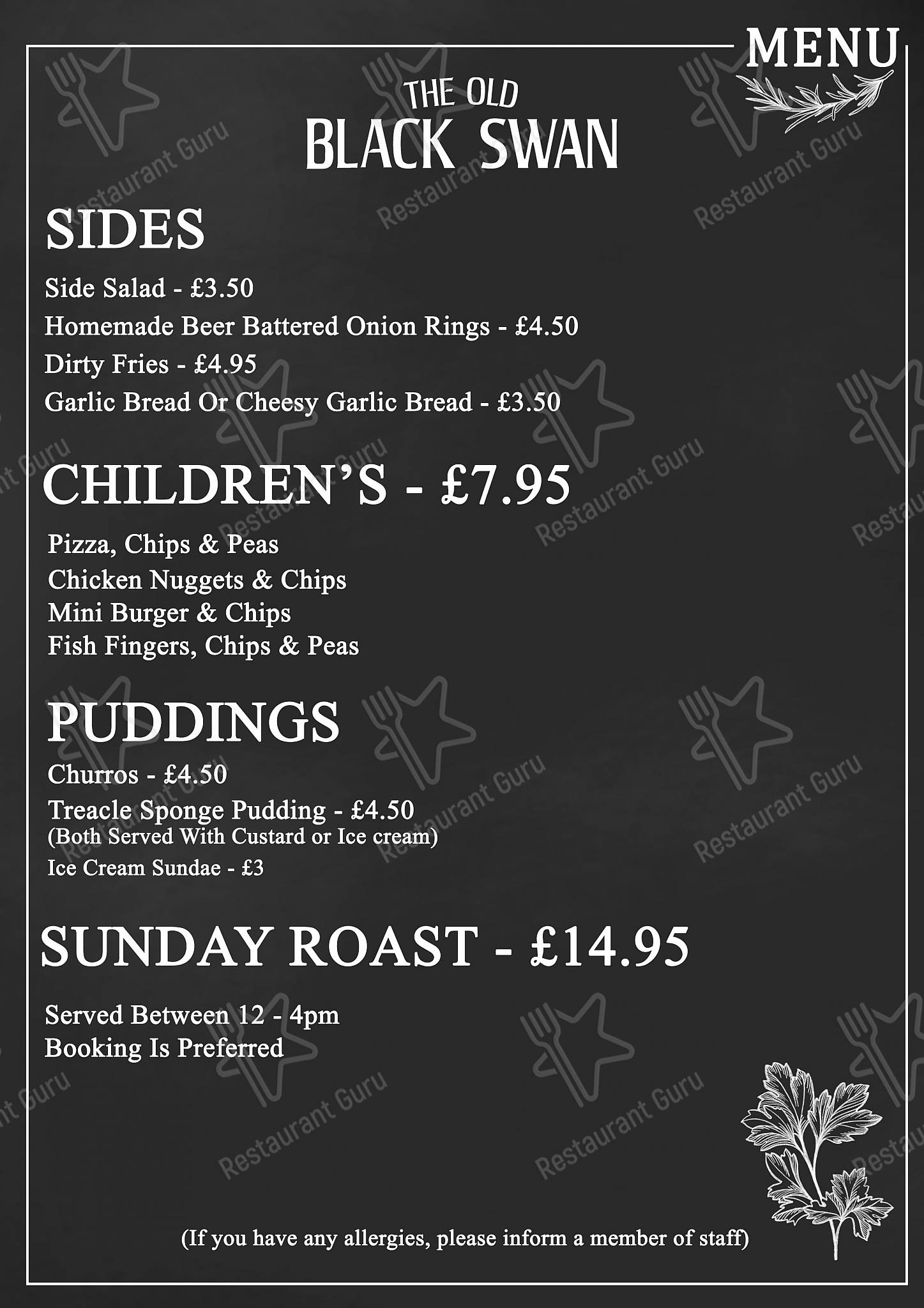 Menu at The Old Black Swan Public House, Crich, 6 Bowns Hill