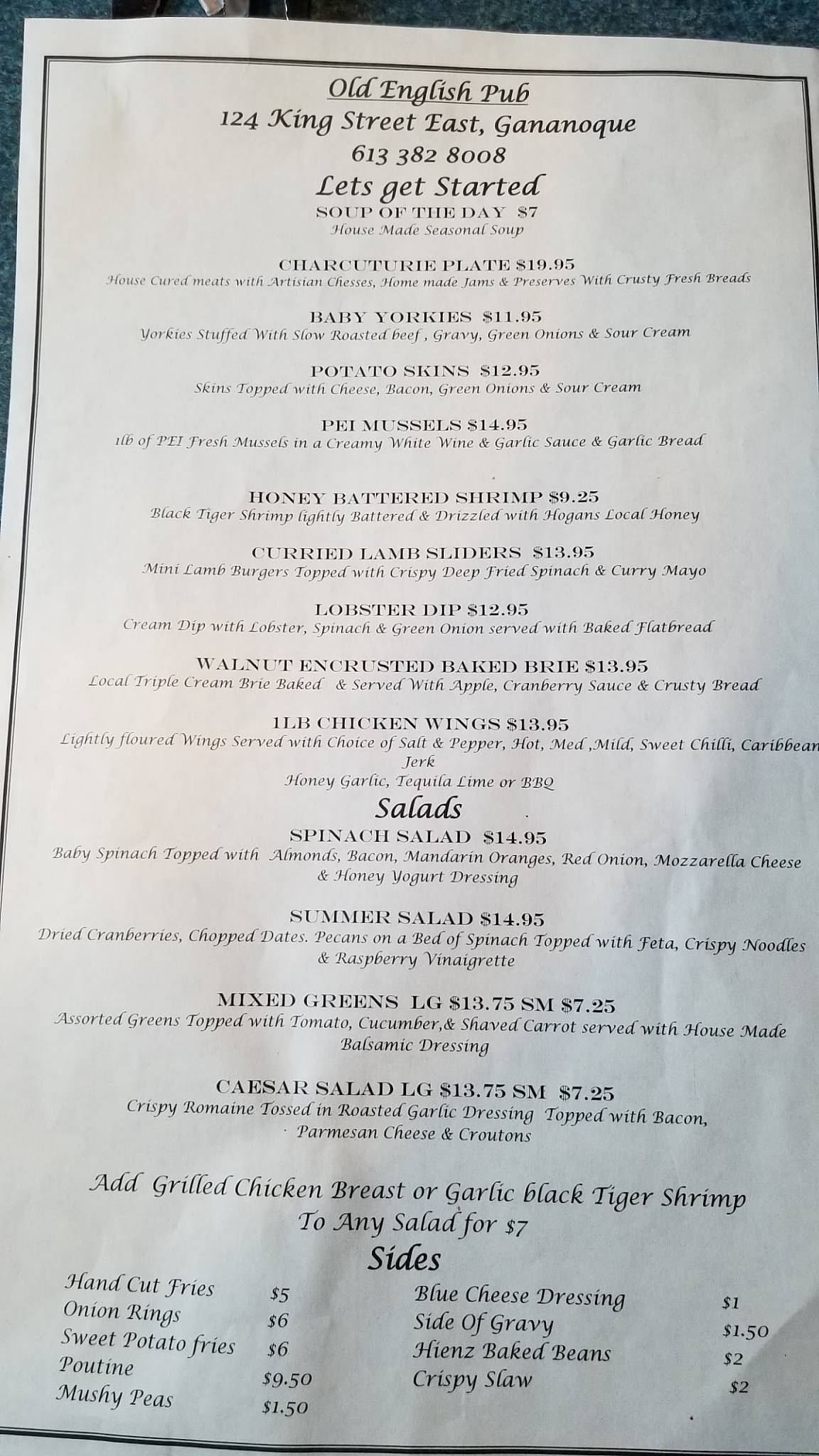 Menu at The Old English Pub, Gananoque