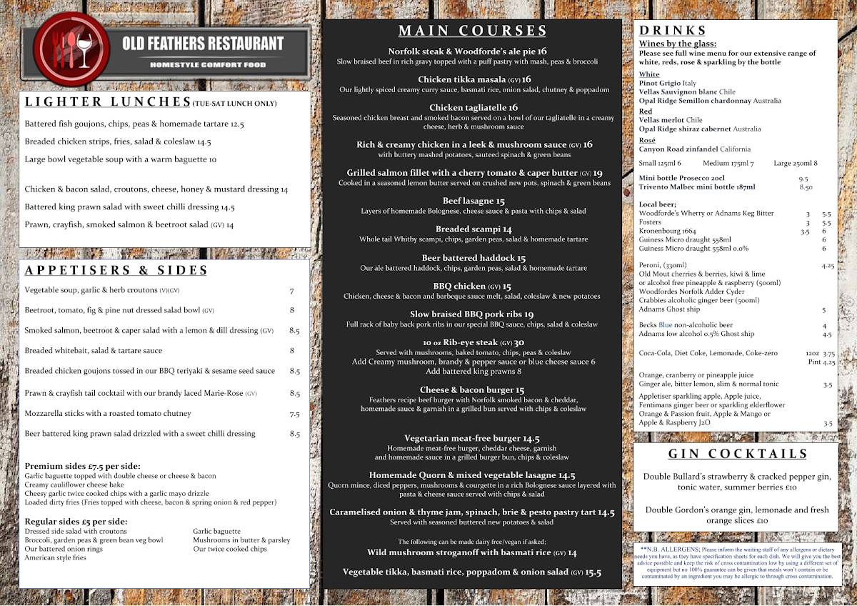 Menu at The Old Feathers restaurant, Norwich