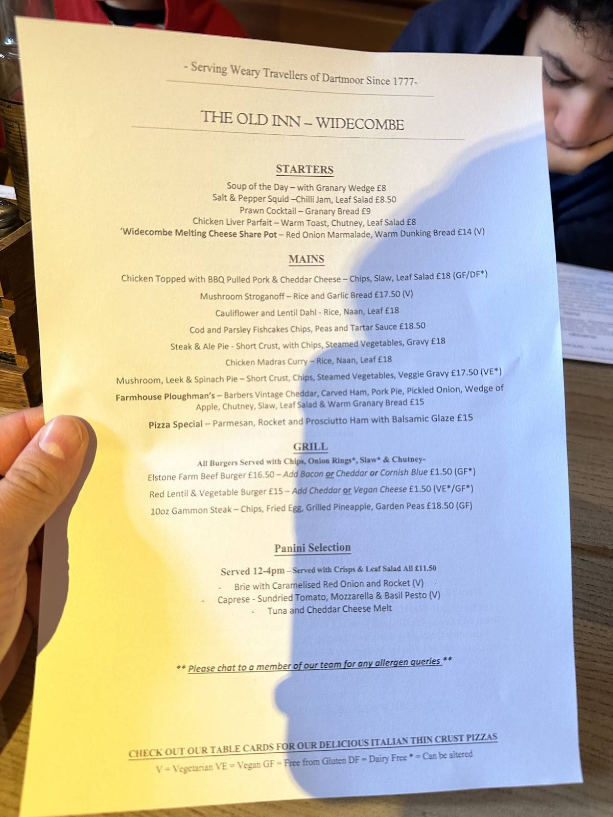 Menu at The Old Inn, Widecombe pub & bar, Widecombe in the Moor