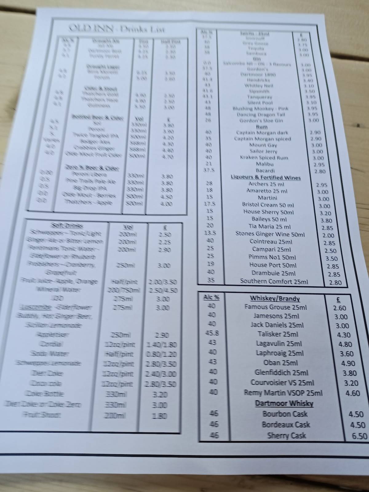 Menu at The Old Inn pub & bar, Widecombe in the Moor