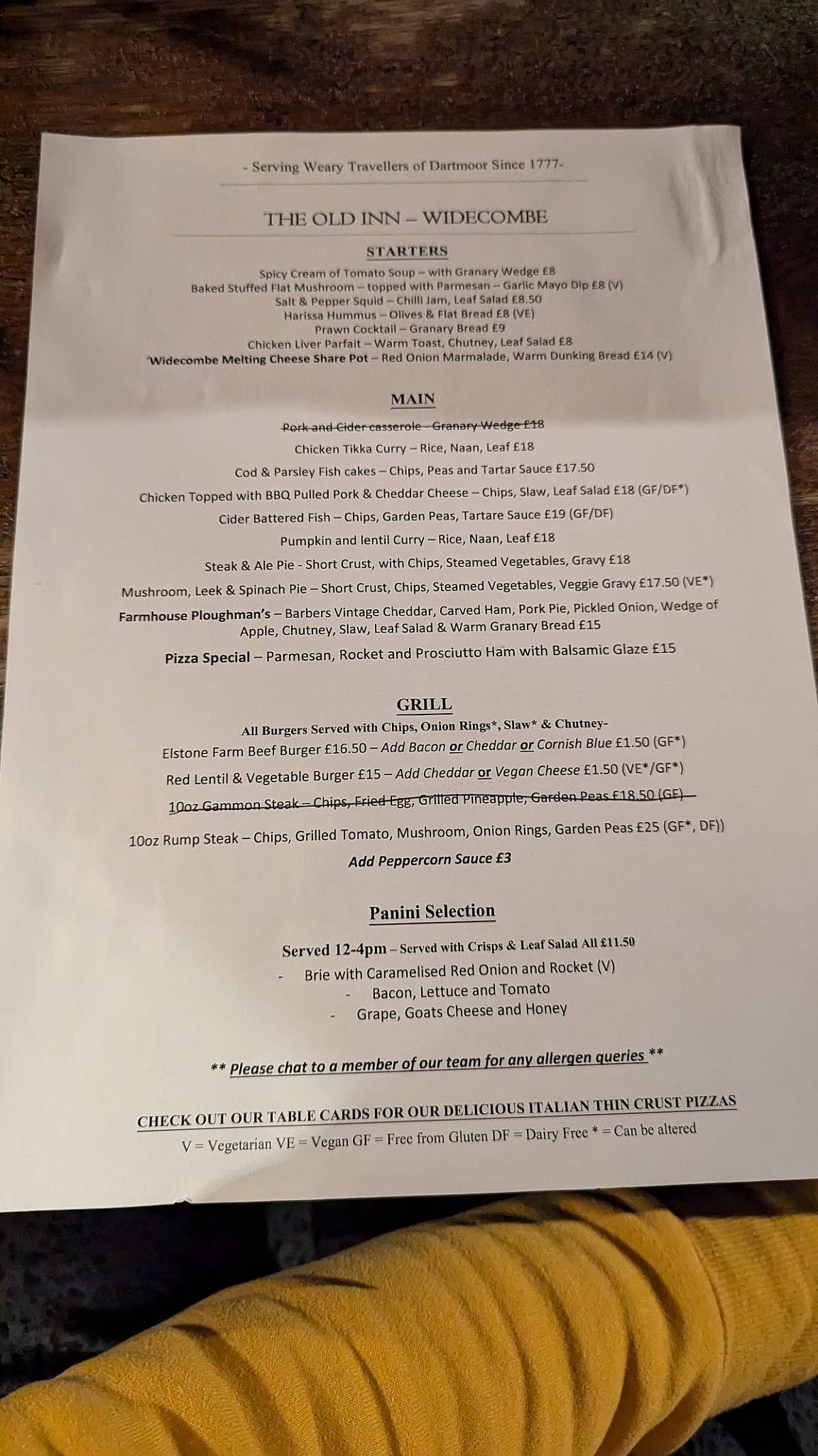 Menu at The Old Inn, Widecombe pub & bar, Widecombe in the Moor
