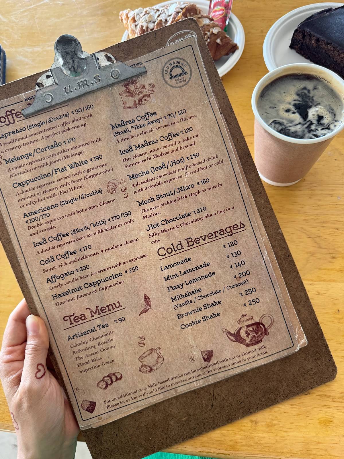 Menu at The Old Madras Baking Company, Chennai, 4/252