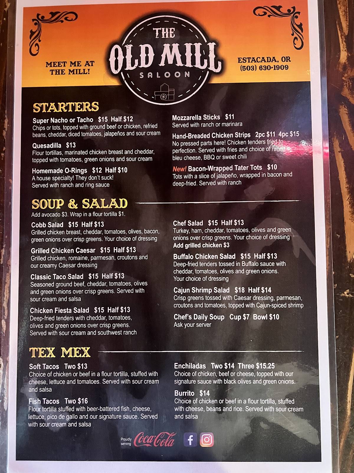 Menu at The Old Mill Saloon pub & bar, Estacada