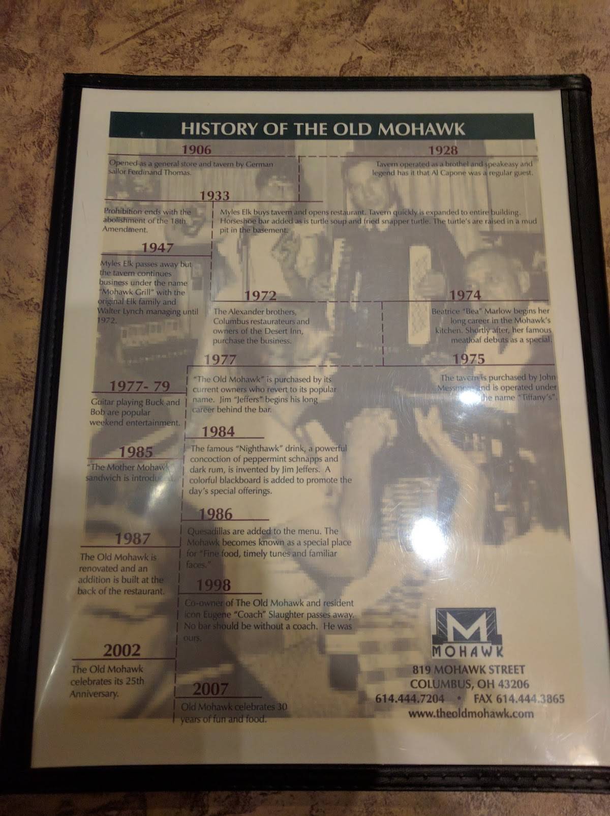 Menu at The Old Mohawk restaurant, Columbus
